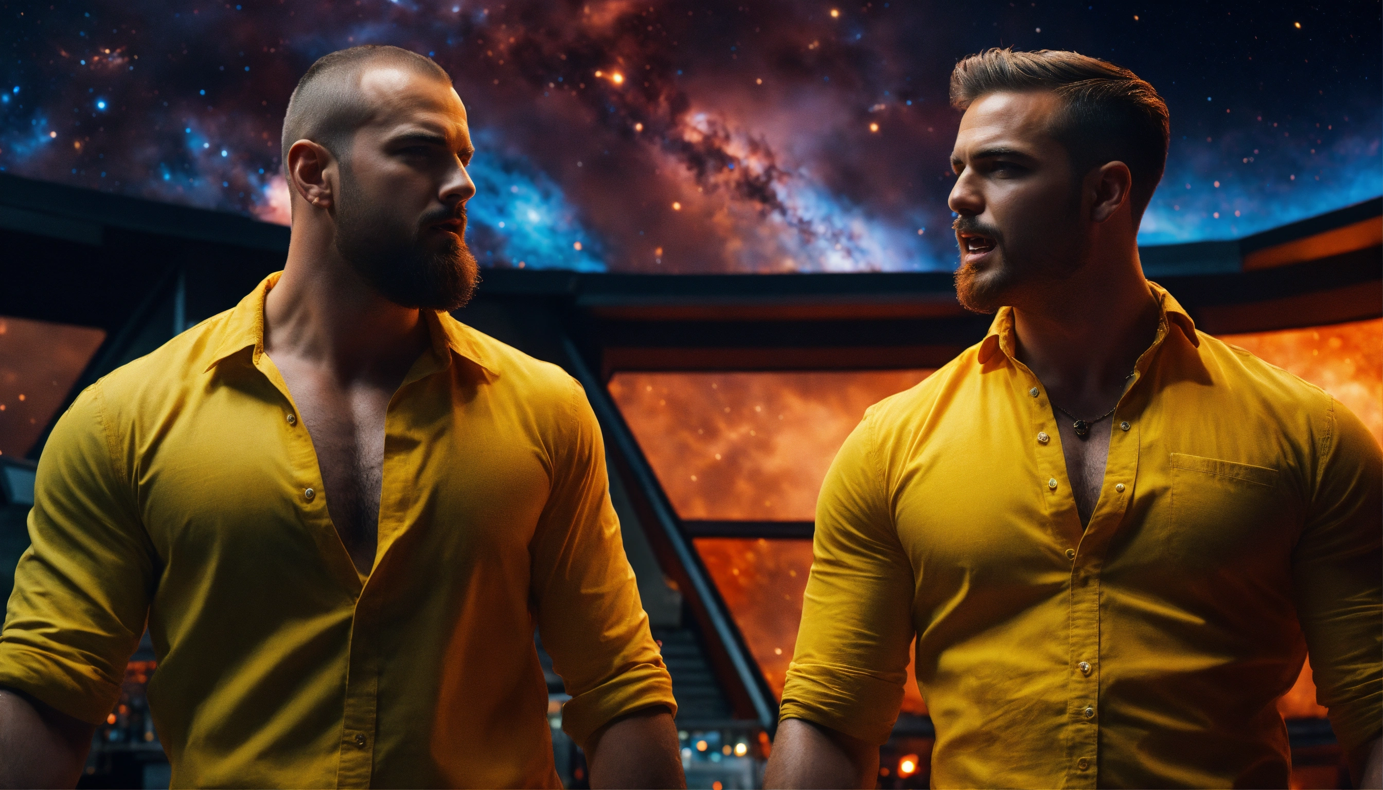 Lexica - Two men facing each other, one yelling, crew cut, no beard ...