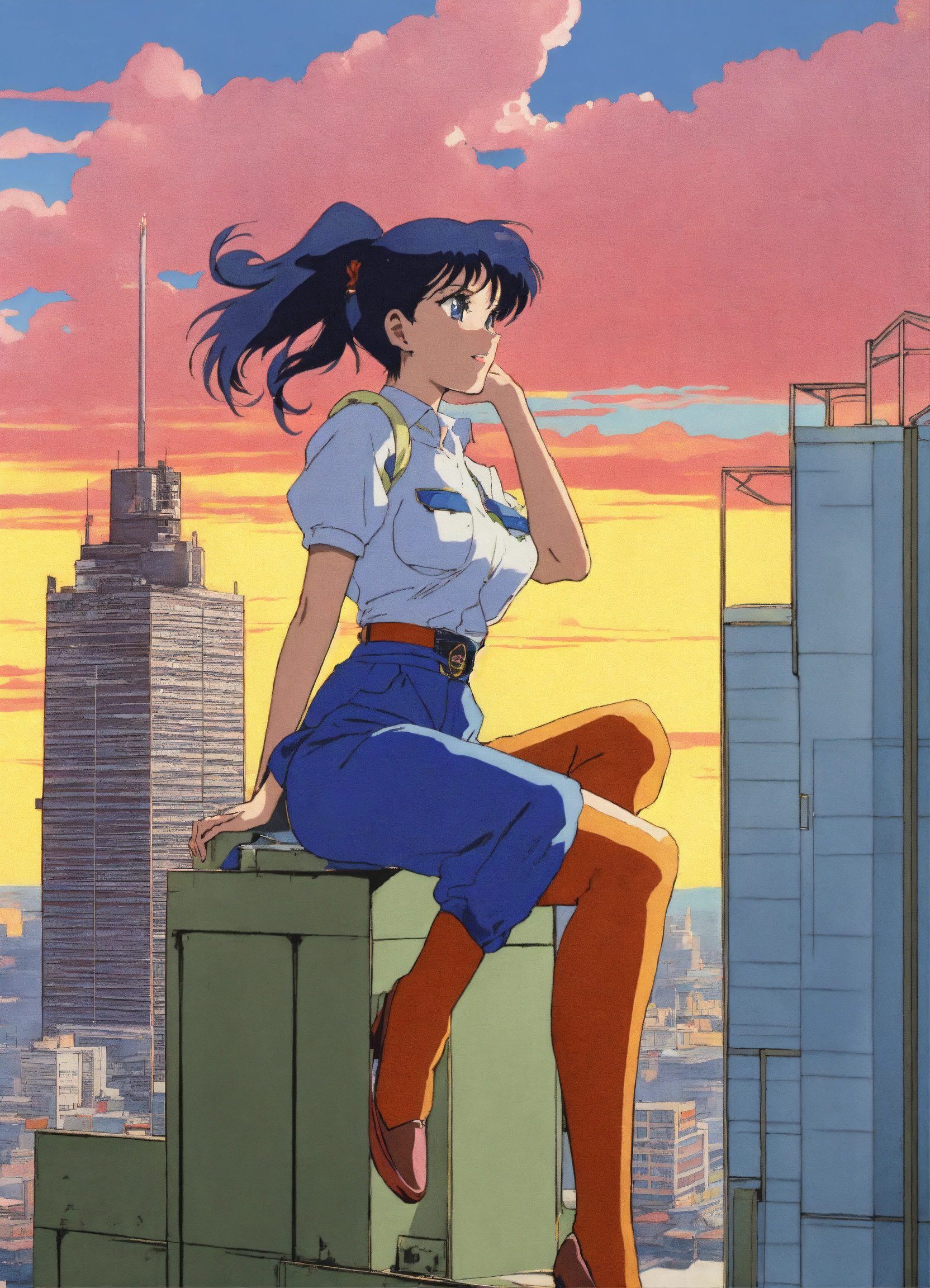 Lexica - 90's anime vintage anime screenshot woman sitting on skyscraper