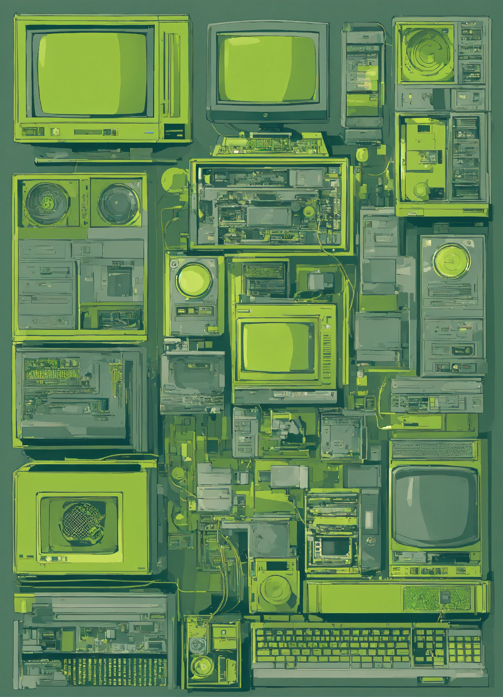 Lexica - IT pop style 2D poster computer parts, green grey colour