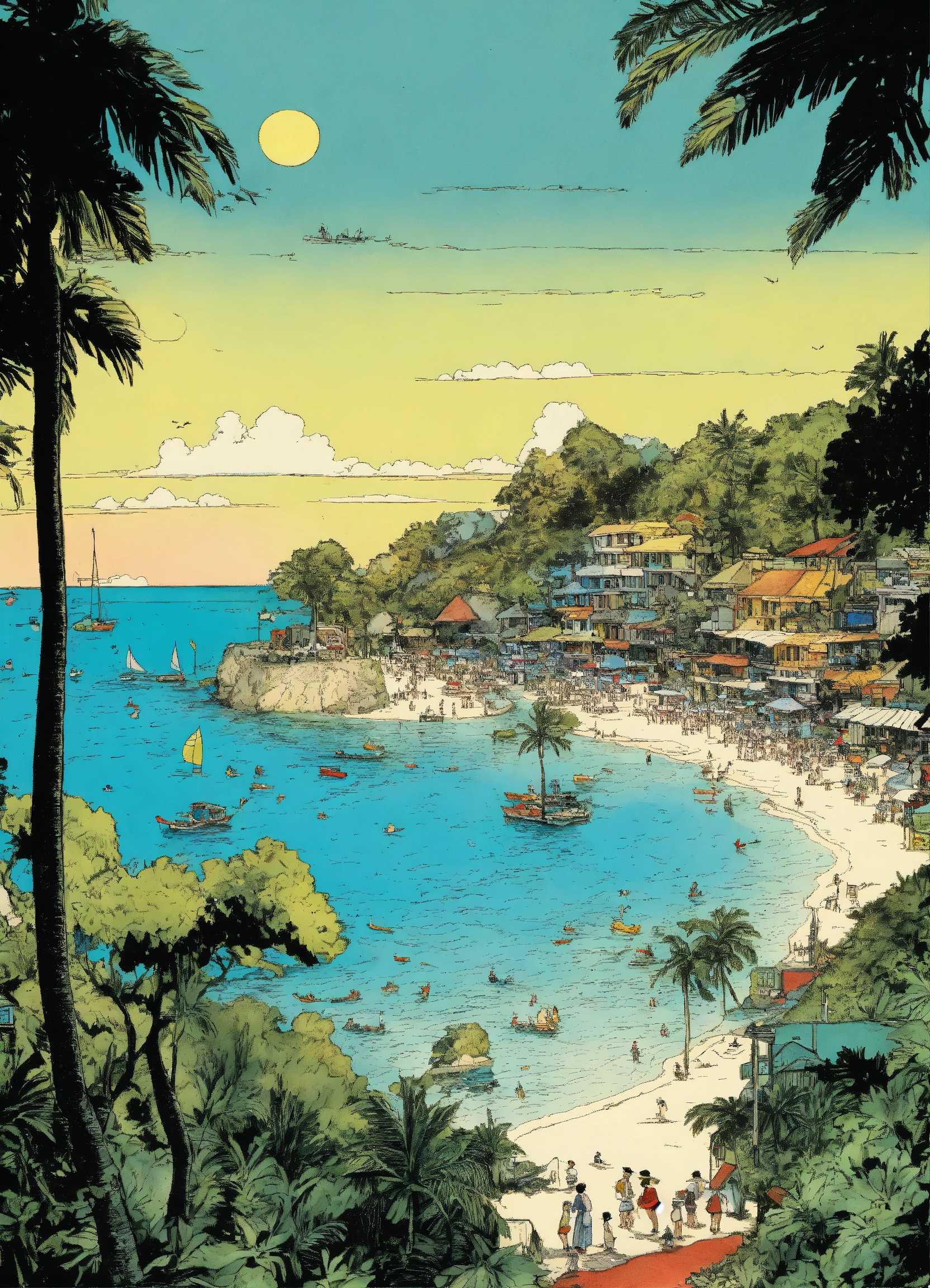 Lexica - Detailed pen and ink illustration of Boracay Island, by Herge ...