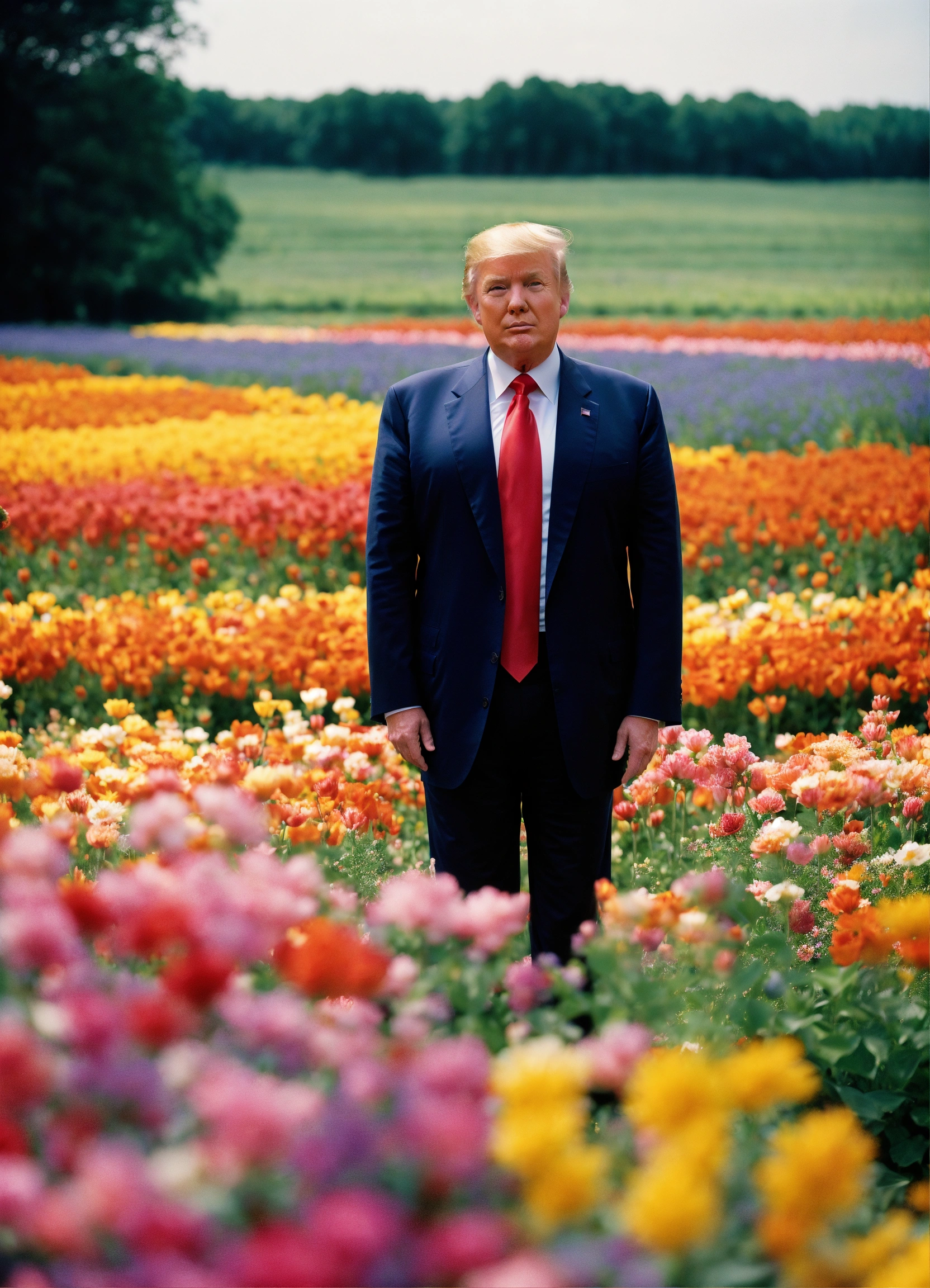 Lexica - Happy Donald Trump standing in a beautiful field of flowers ...