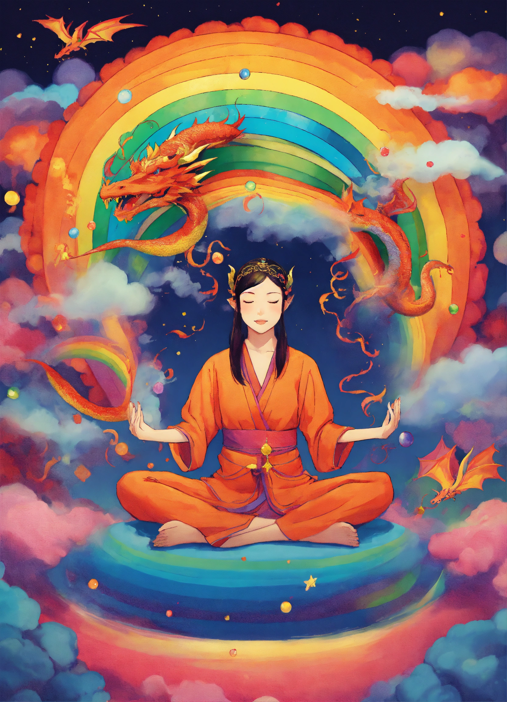 Lexica - Illustration of a dragon girl Meditating, spirits flying ...