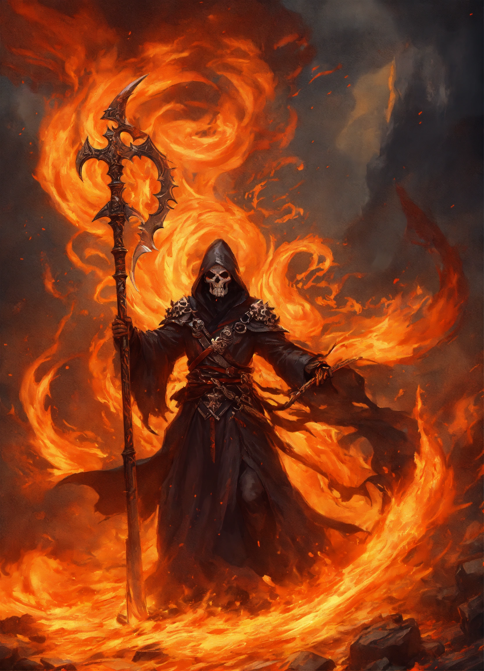Lexica - Attacking grim reaper with flaming scythe, tattered flowing ...