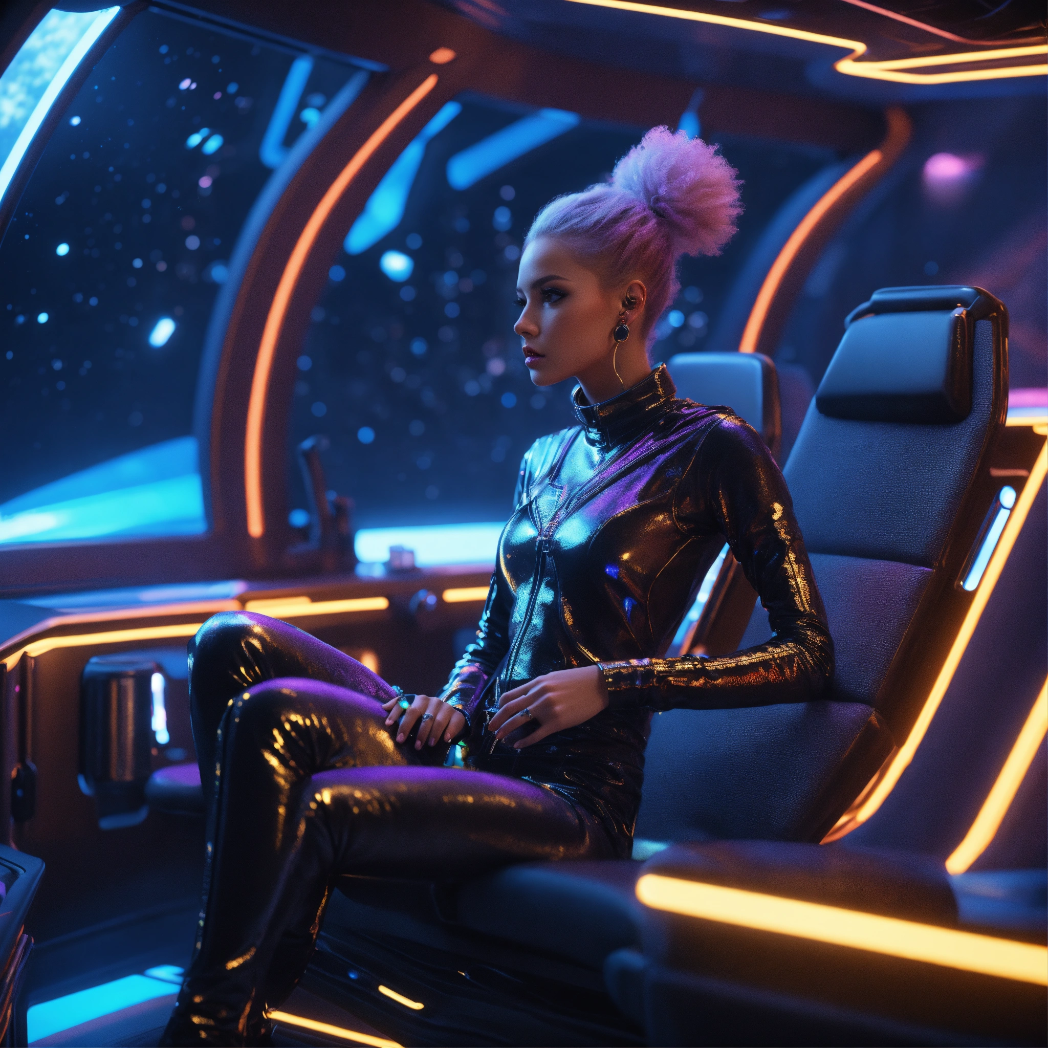 Lexica - Zoom out from a female alien rockstar wearing cool space fashion is lounging in a ...