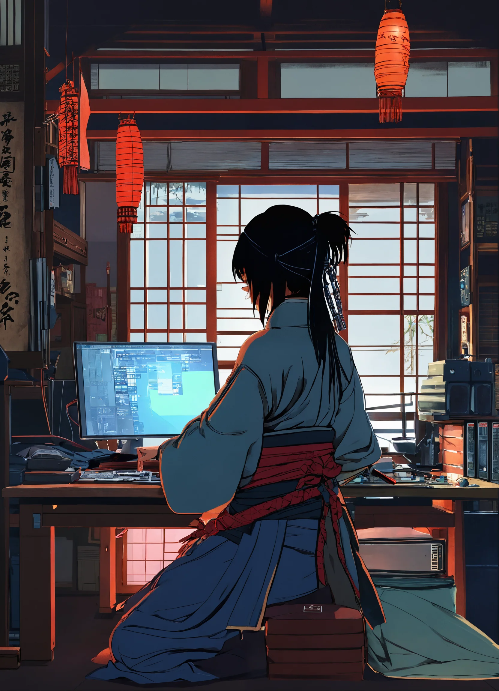 Lexica - Create a high resolution artwork of ninja Girl is designing at a computer in a room ...