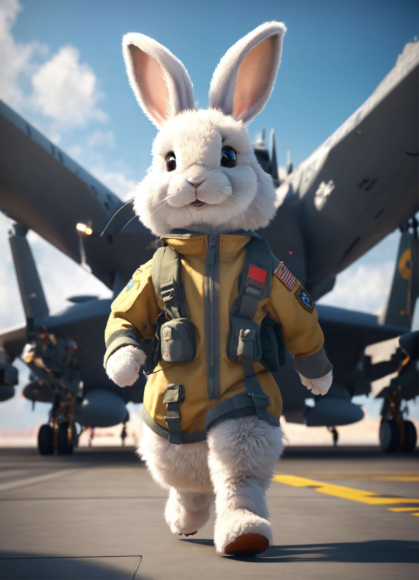 Lexica - A cute fluffy rabbit pilot walking on a military aircraft ...