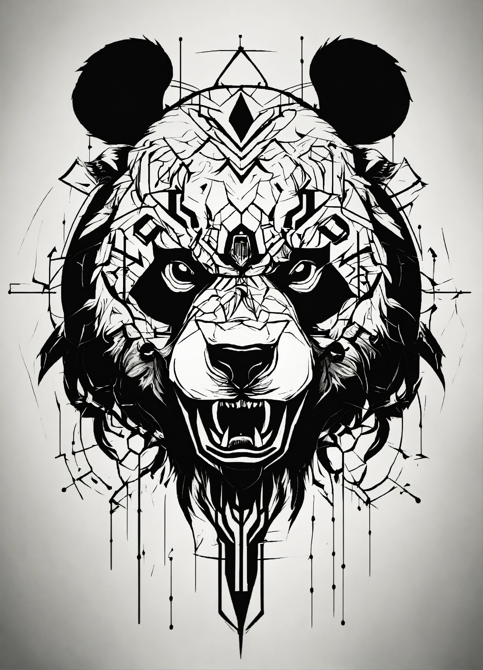 Lexica - Demon panda, black and white, stencil logo simple lines