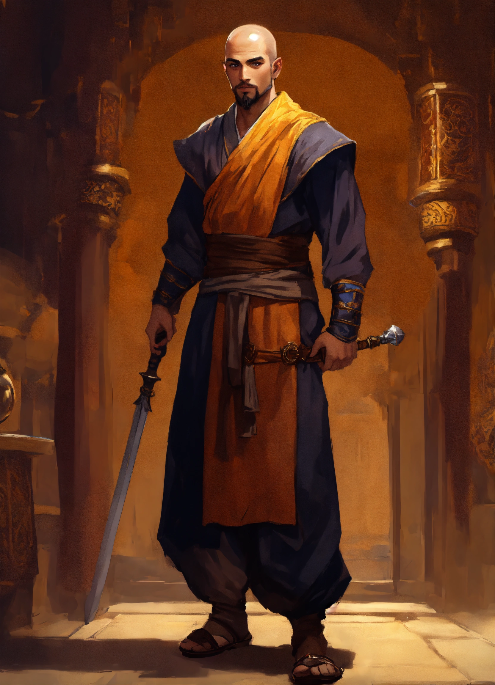 Lexica - D&d male, monk, robe on one shoulder, black goatee, bald, warrior