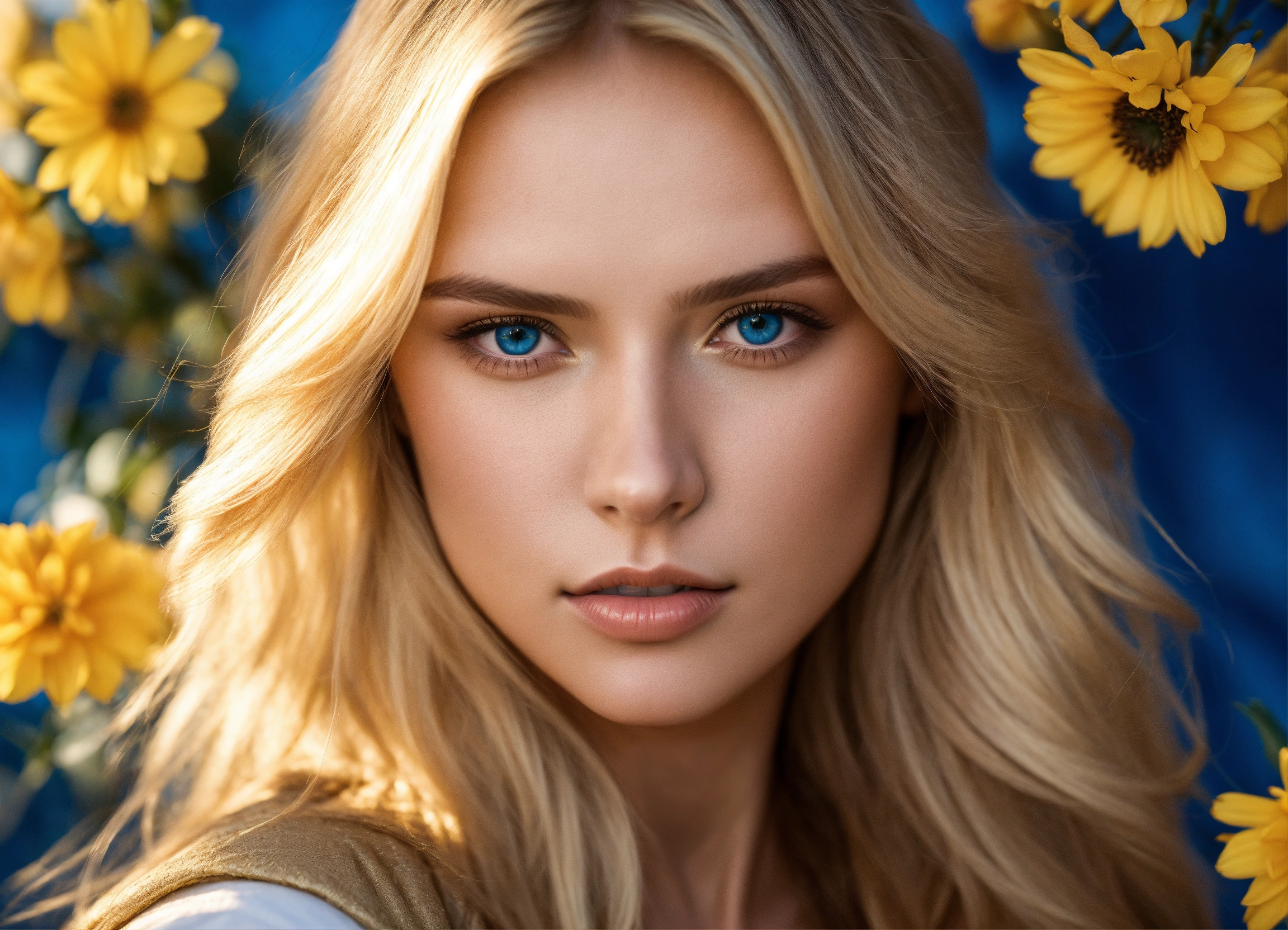 Lexica - Portrait fashion model. Blue eyes. Blond Hair. Golden Hour ...