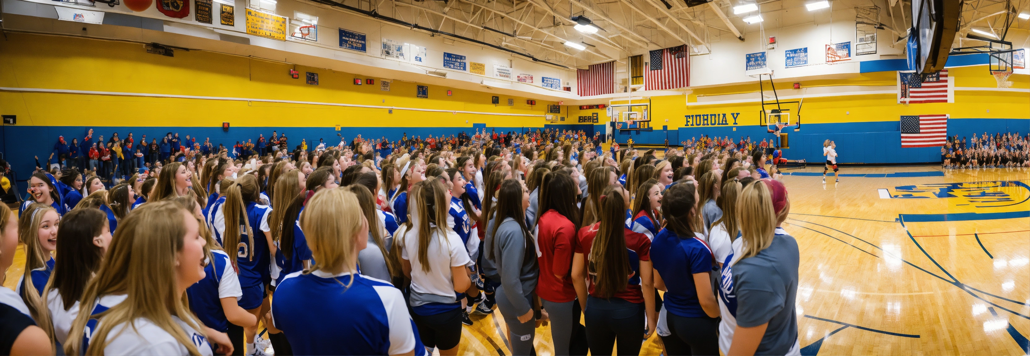 Lexica - A high school gym filled with an all-female crowd. It is a pep ...