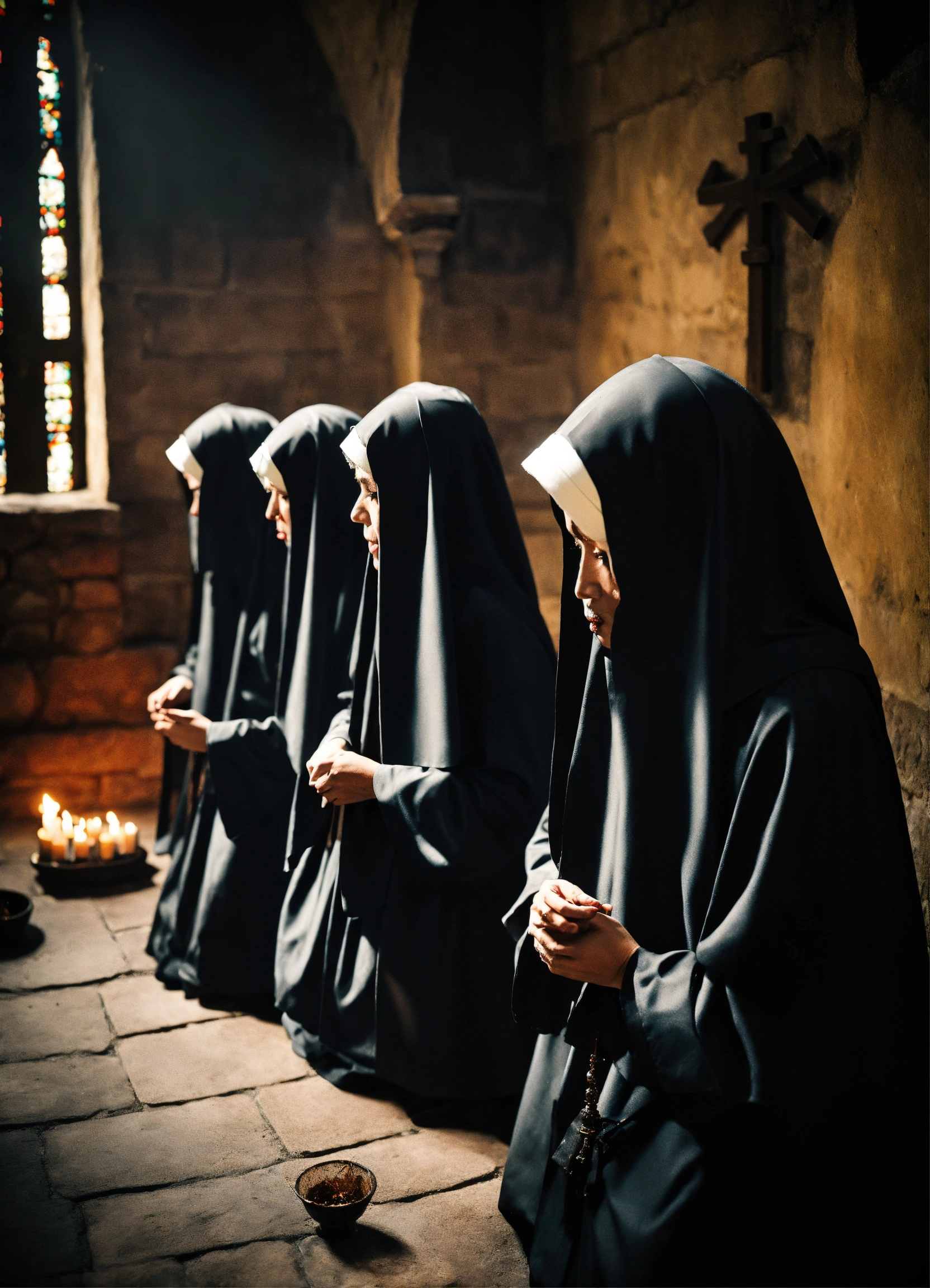 Lexica - Dark nuns performing ritual, in dungeon, historical picture