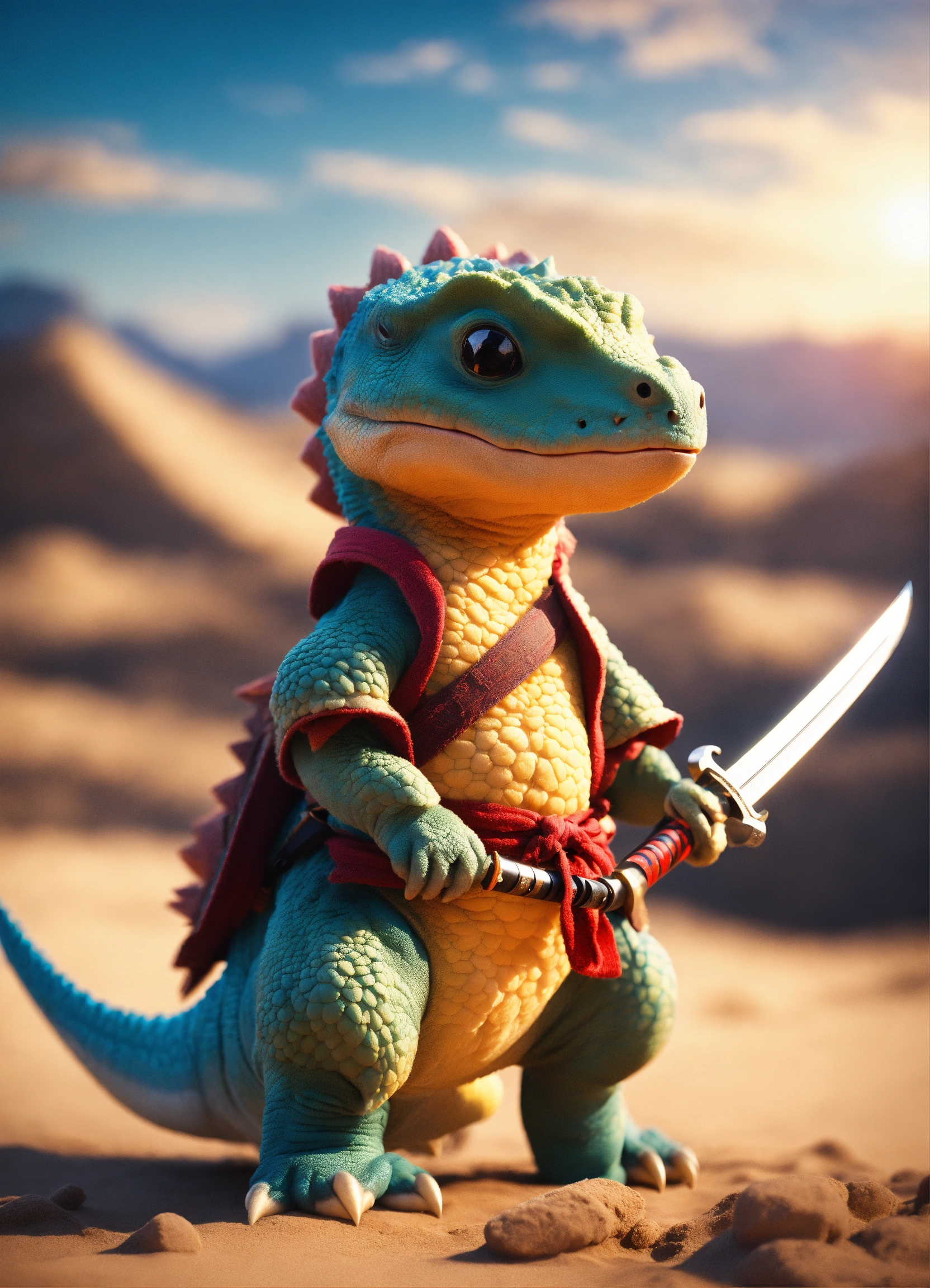Lexica - An adorable and fluffy baby dinosaur, samurai, western, desert ...