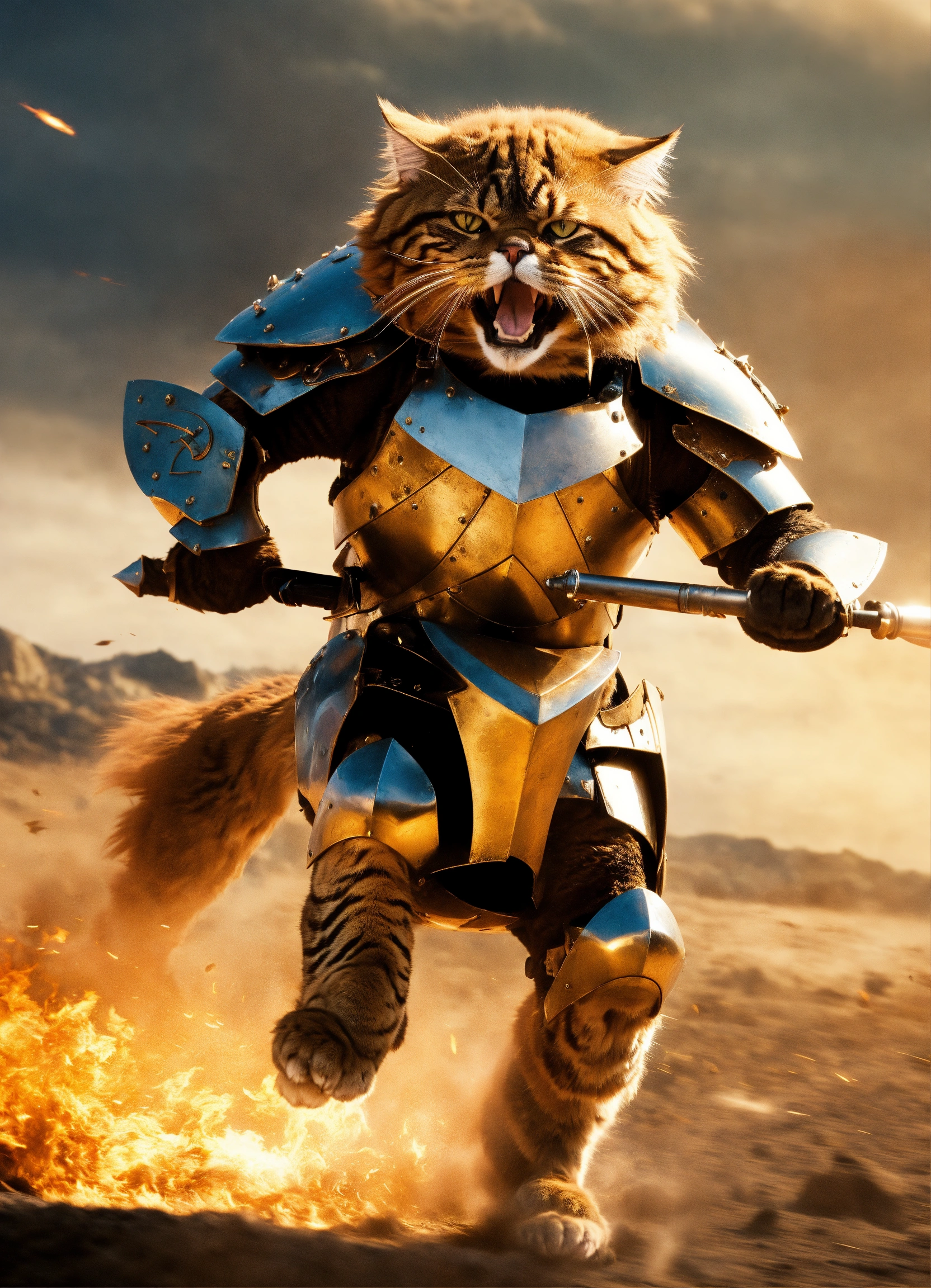 Lexica - A battle cat wearing armor, running across a battlefield ...
