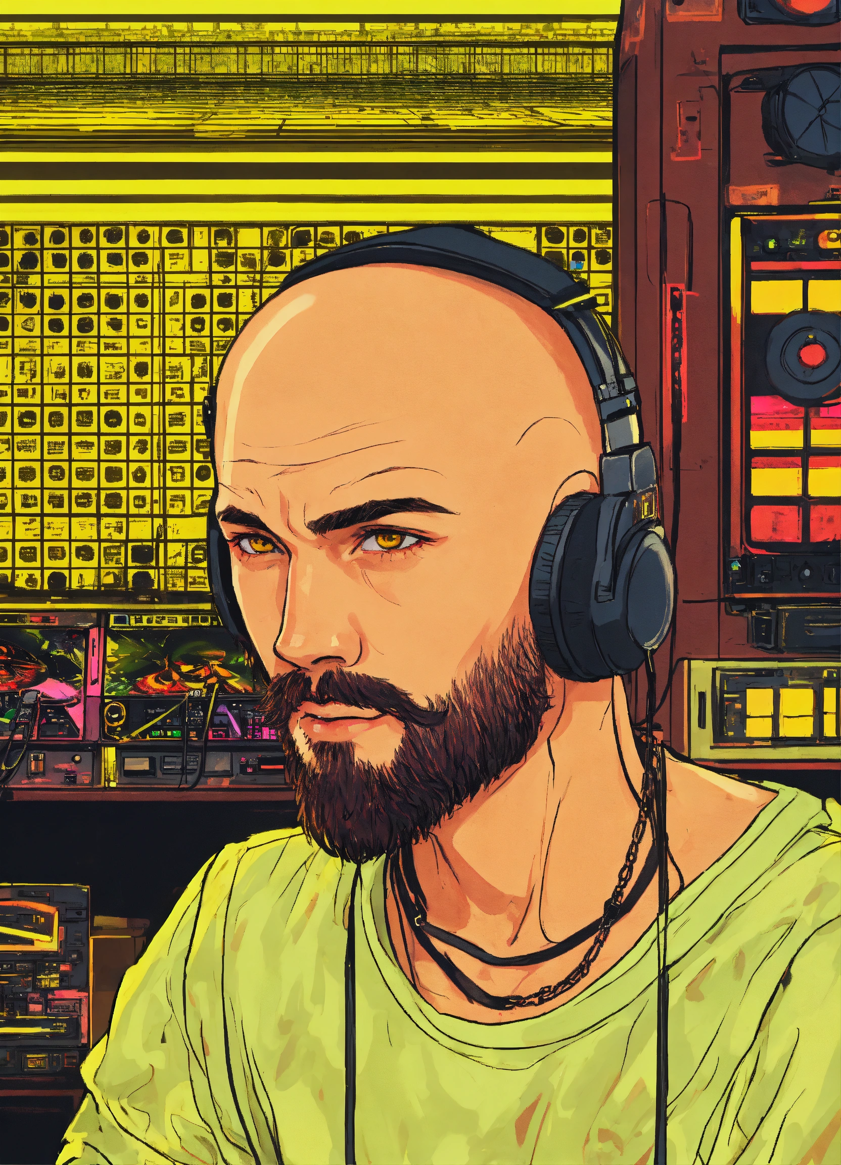 Lexica - A young bald man with beard possessed by the devil. yellow ...
