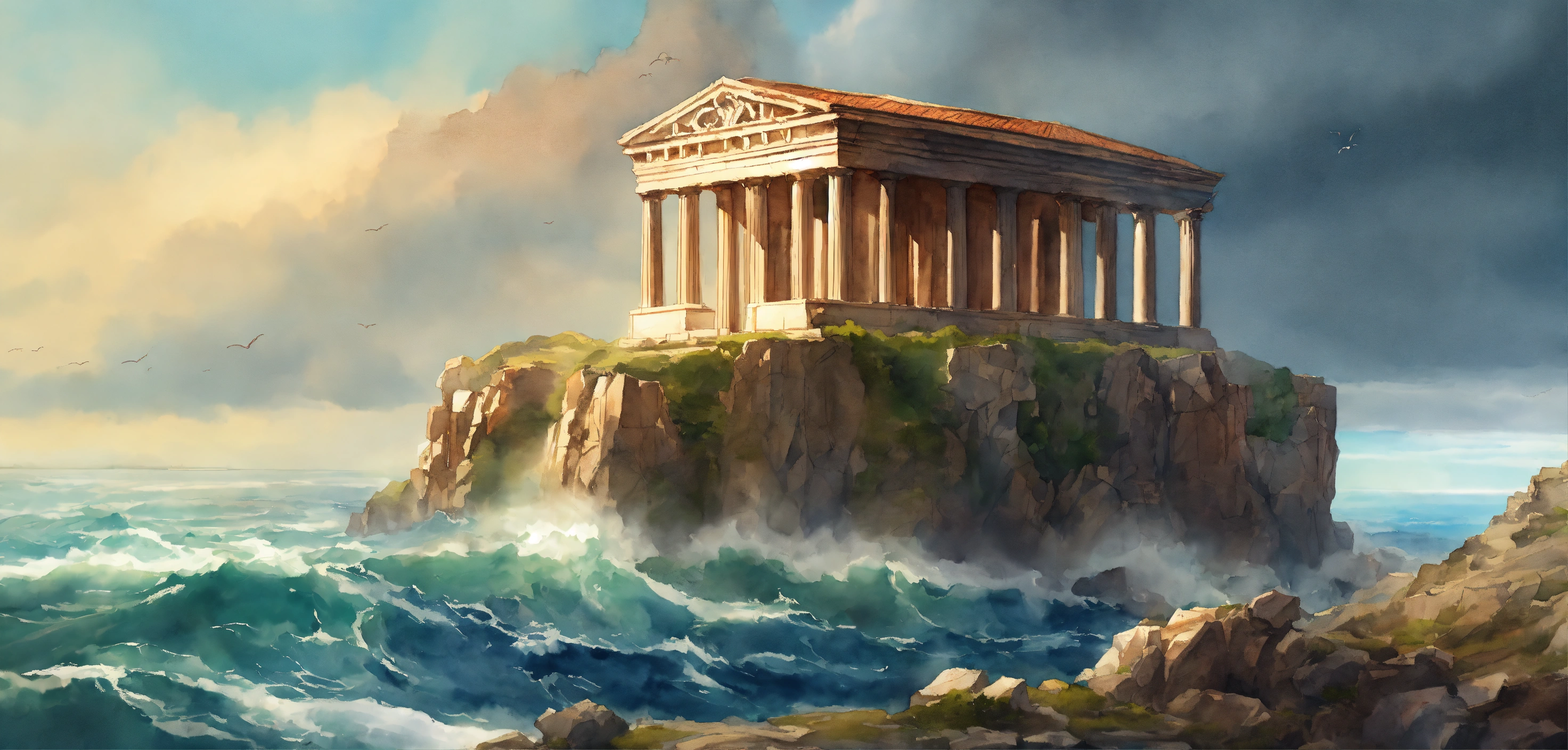 Lexica - Antique greek temple ruin on a cliff, ocean in background ...