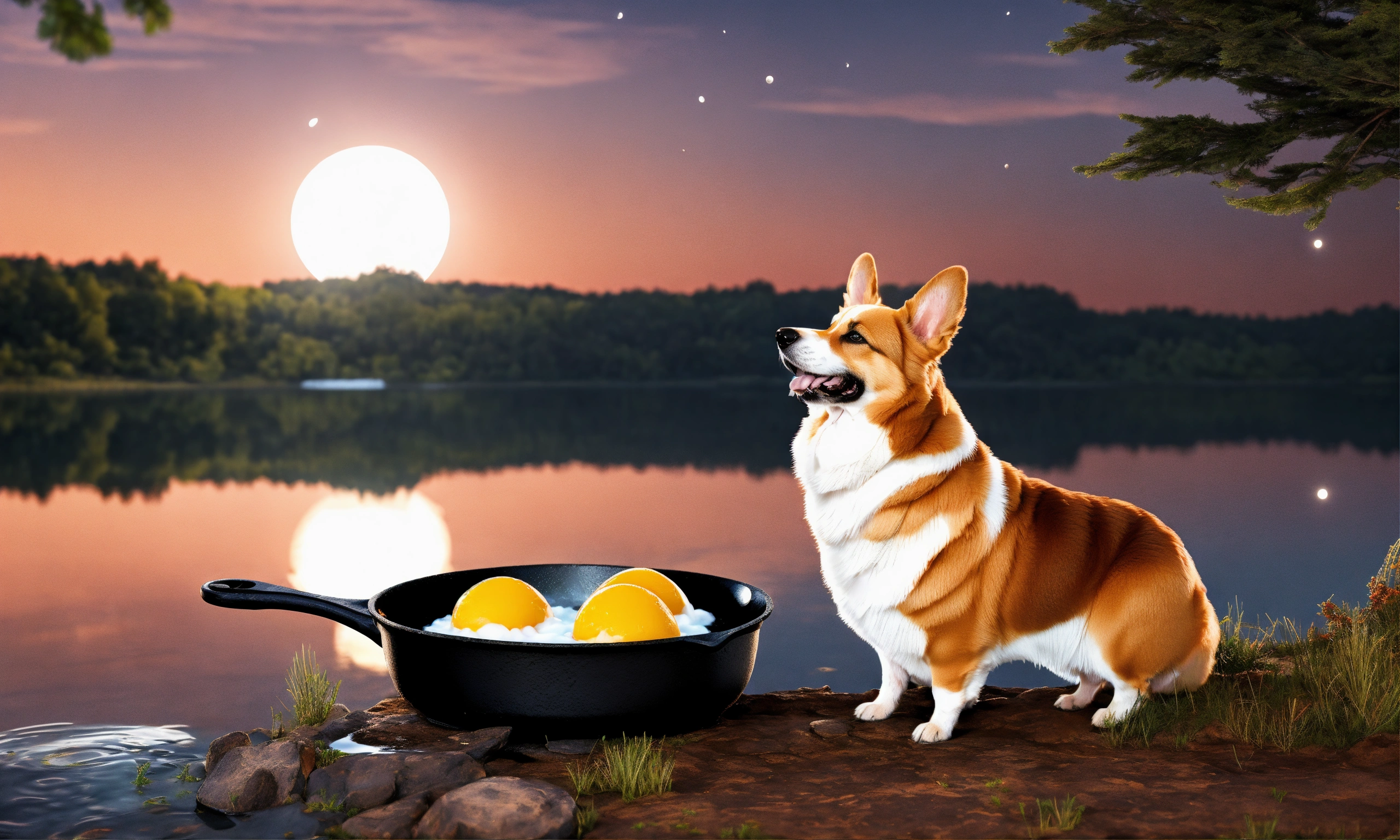 Lexica - 3D image of 2 corgi dogs frying a giant egg in a giant cast ...