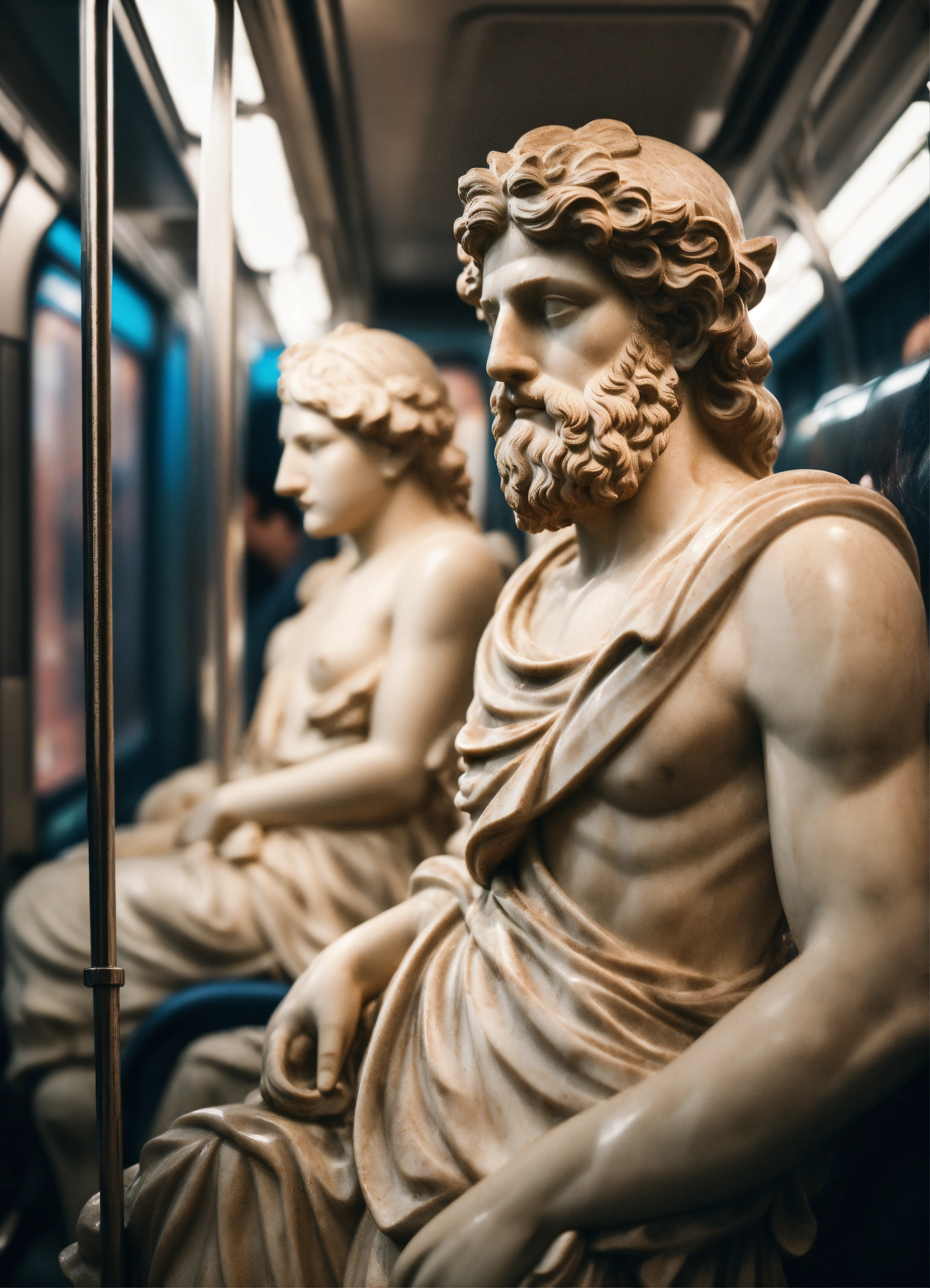 Lexica - Greek marble statues sitting in a very crowded subway train ...