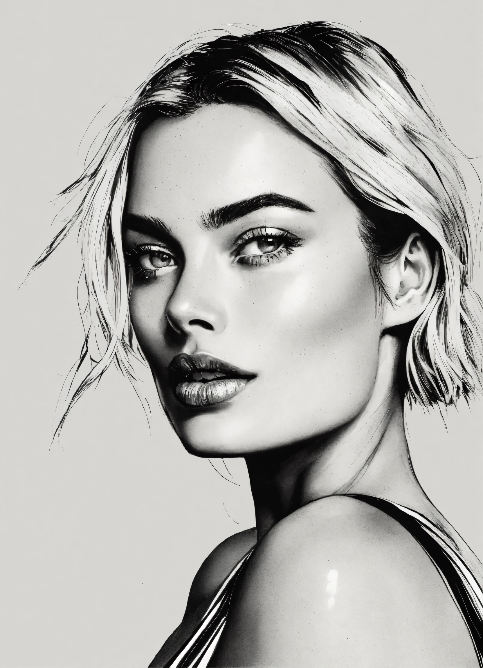 Lexica - Black and white bold line drawing, Margot robbie, glamorous ...