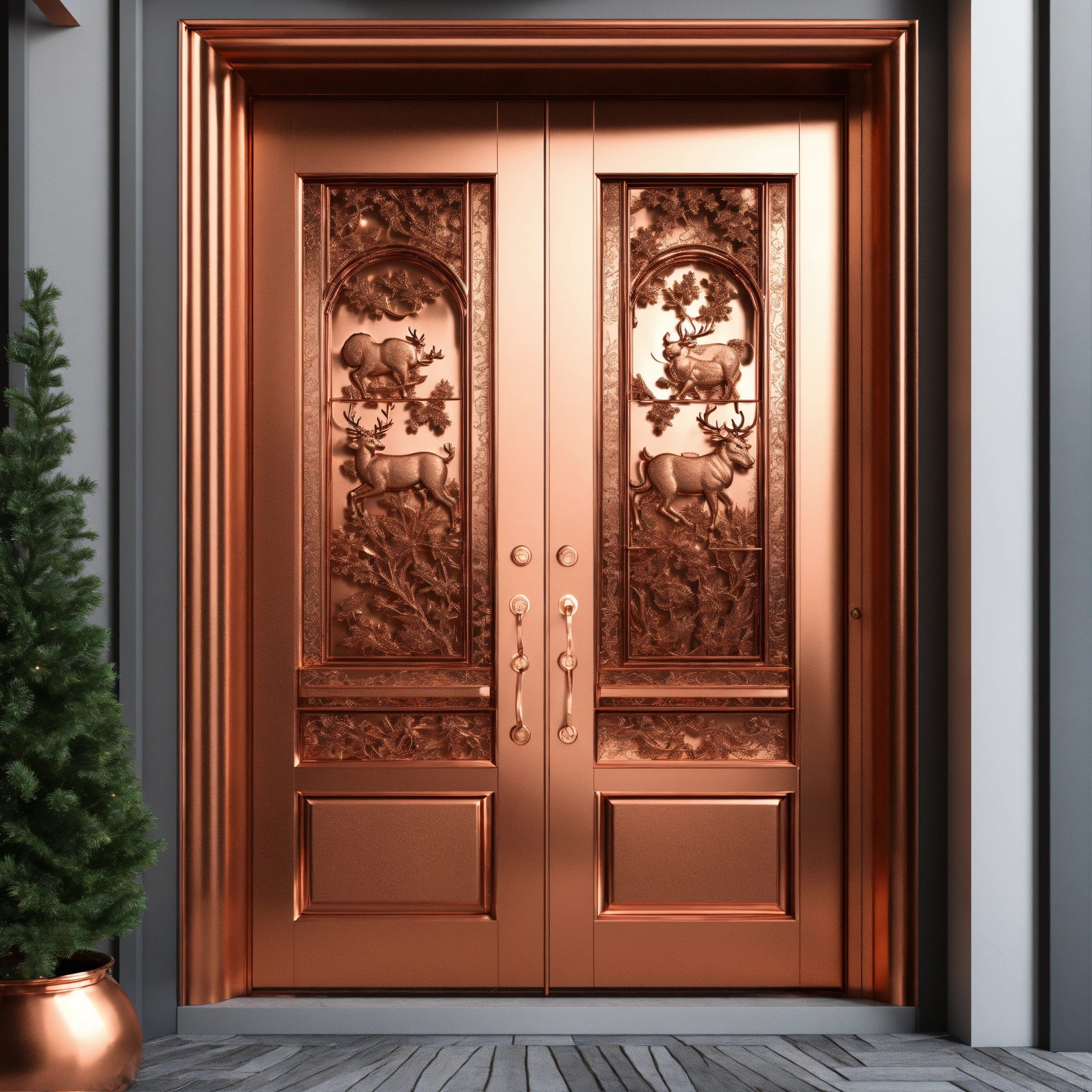 Lexica - 3D double doors engraved copper reindeer and hyper realistic 8k