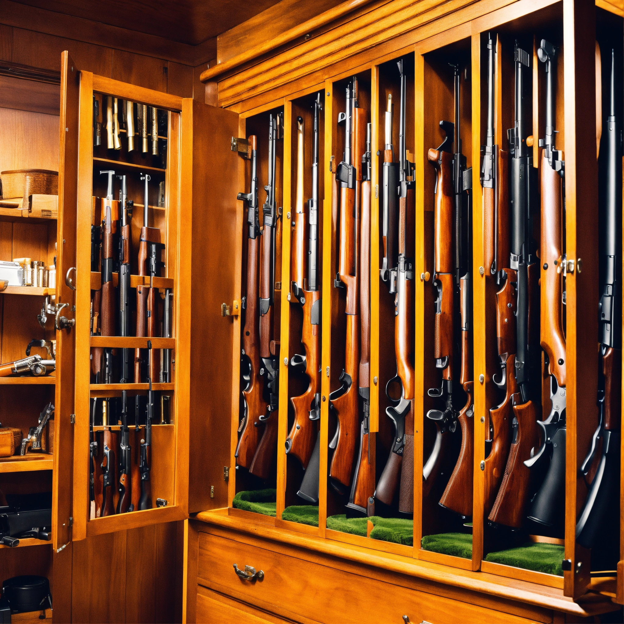 Lexica - A photo of a well organized gun cabinet. The gun cabinet has a ...