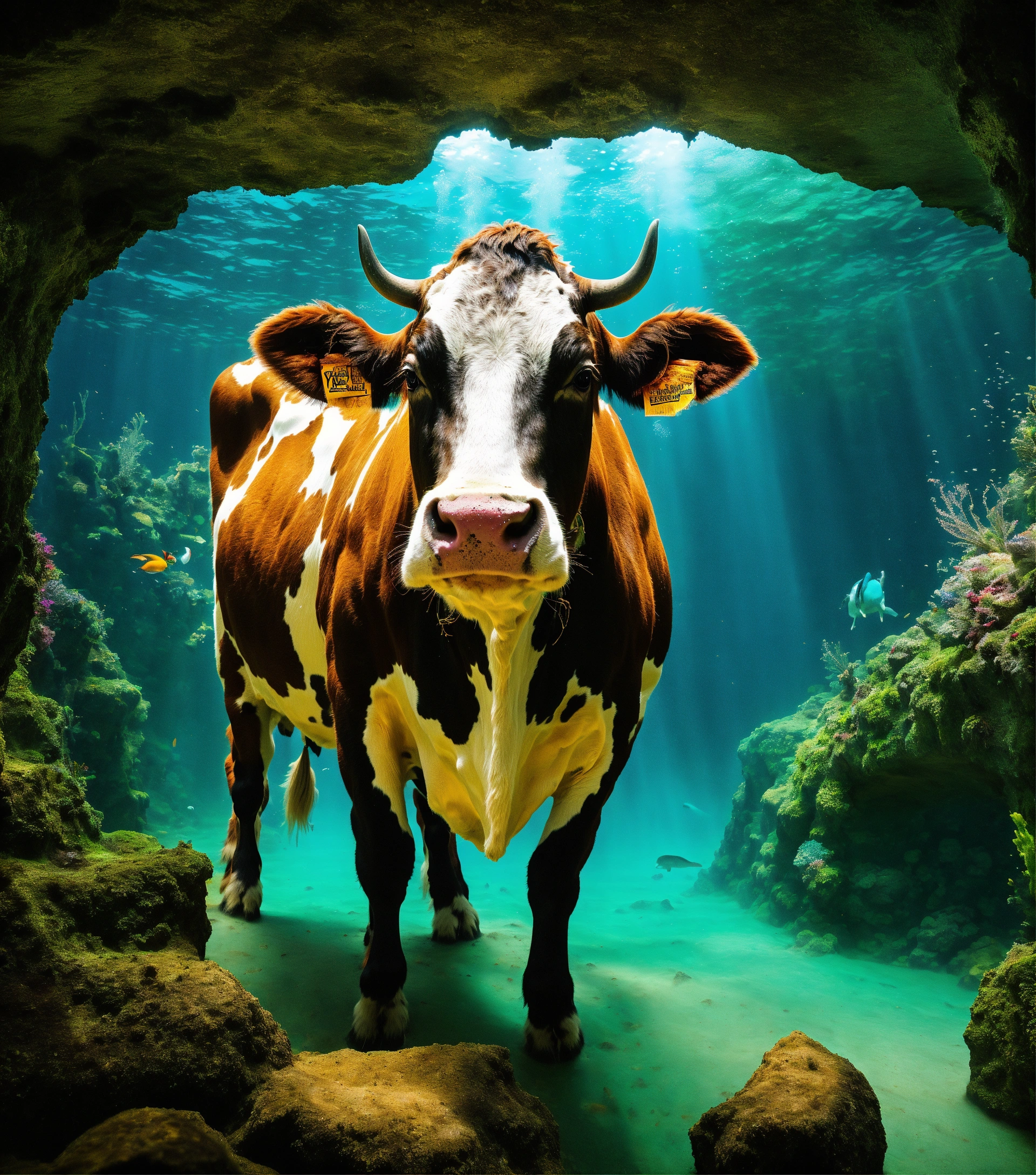 Lexica - A cow standing in an underwater cave hanging a board named ...