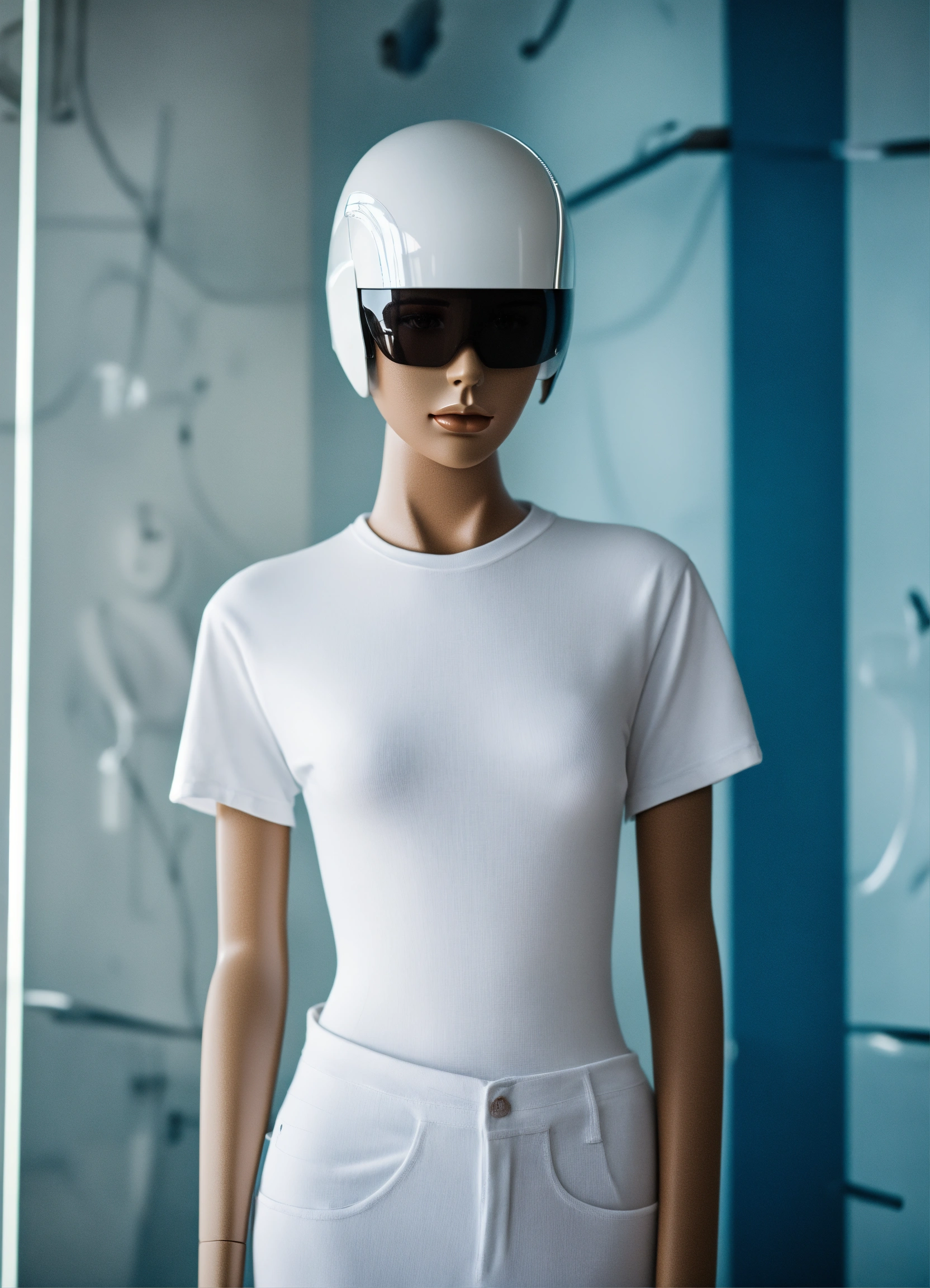 Lexica - A futuristic mannequin facing the camera in a white t shirt ...