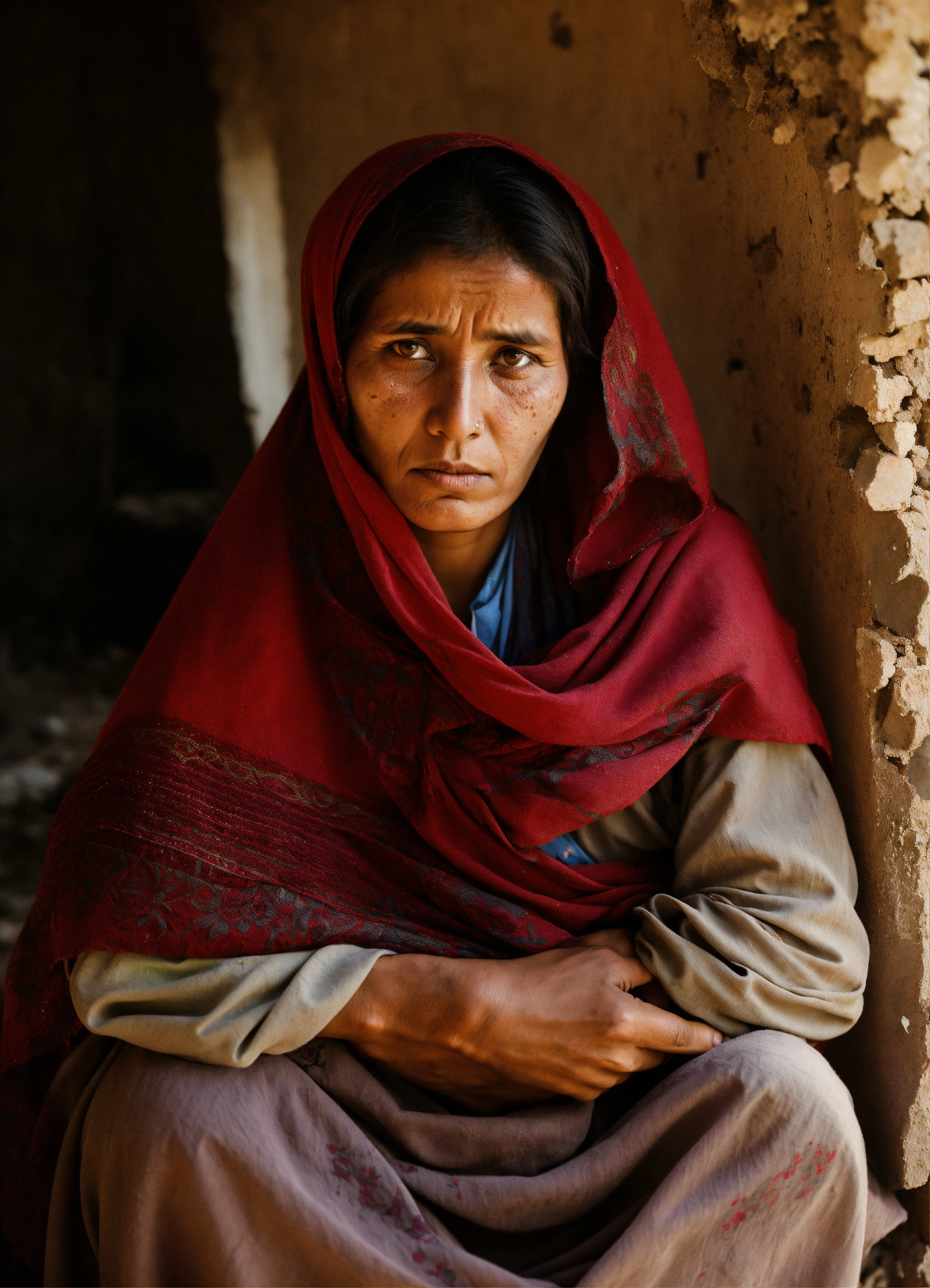 Lexica - A sad 35-year-old veiled Afghan mother near a destroyed house