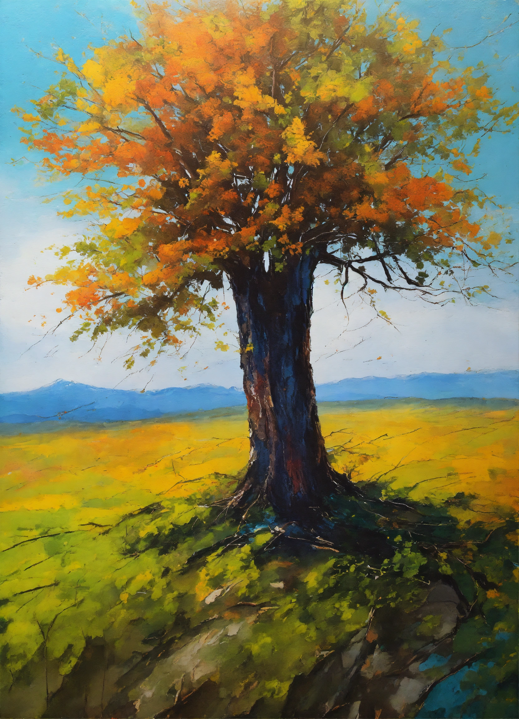 Lexica - Draw an old tree painting, mixing acrylics, palette knife and ...