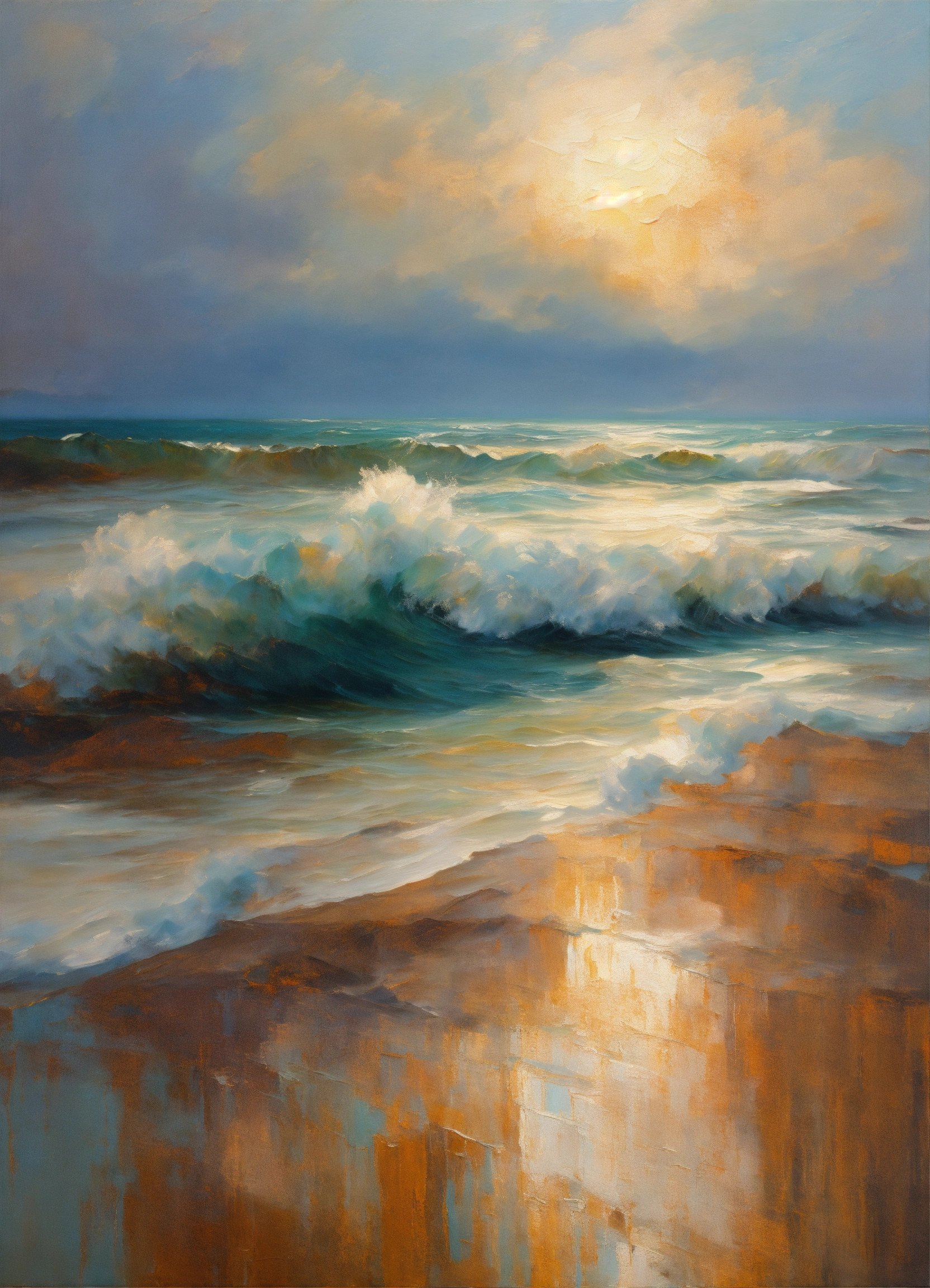 Lexica - Expressionist oil painting of seascape in patina tones in high ...
