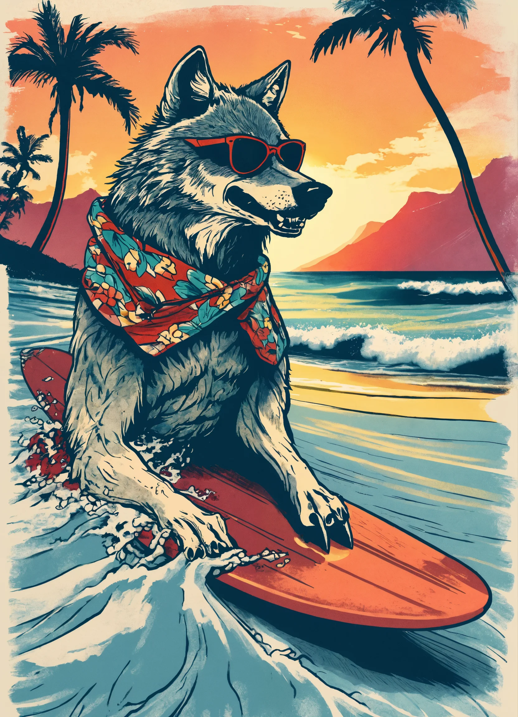 Lexica - A wolf surfing on a beach in Hawaii, at sunset. The wolf is ...
