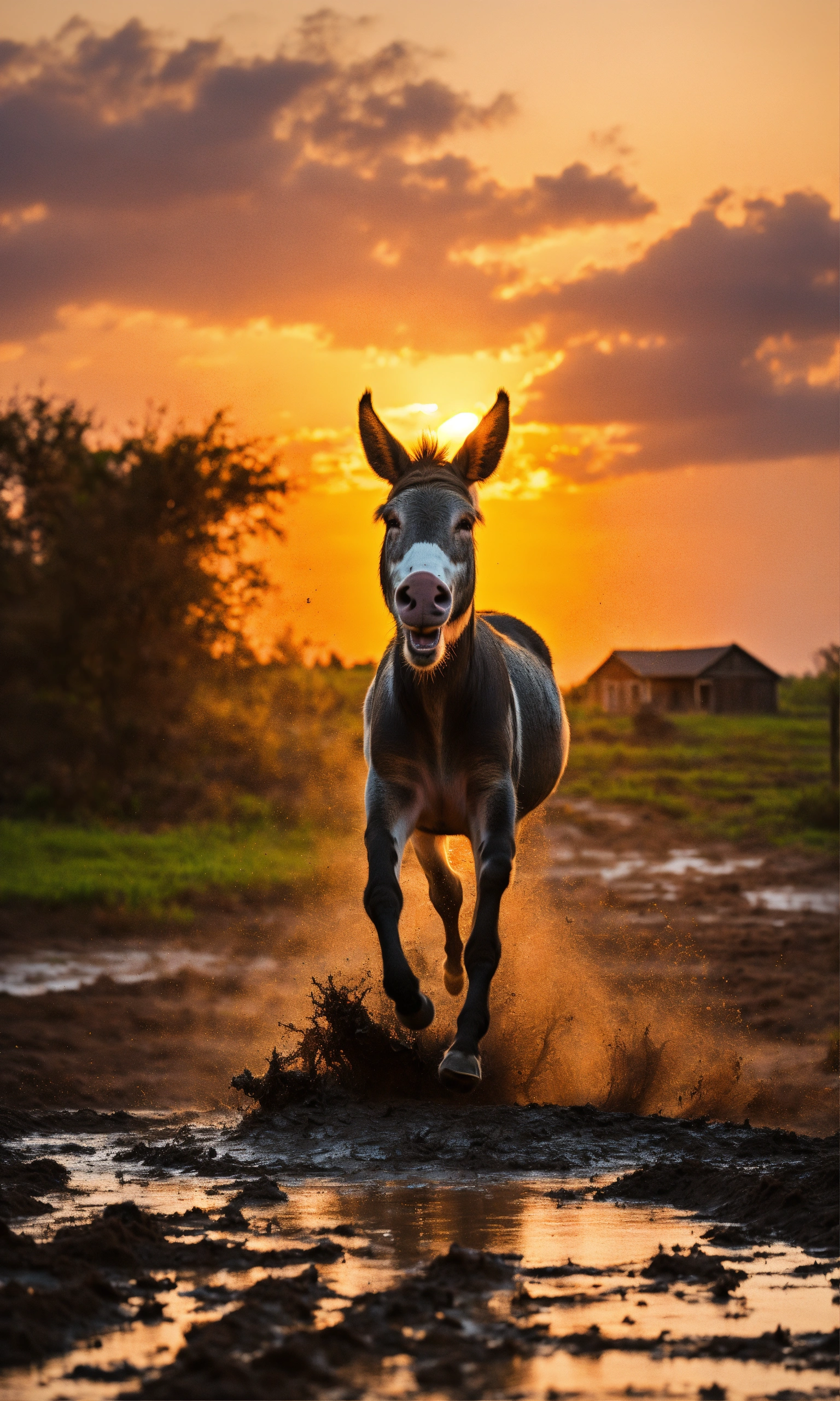 Lexica - A donkey screaming and jumping falling into stinky mud. Sunset ...