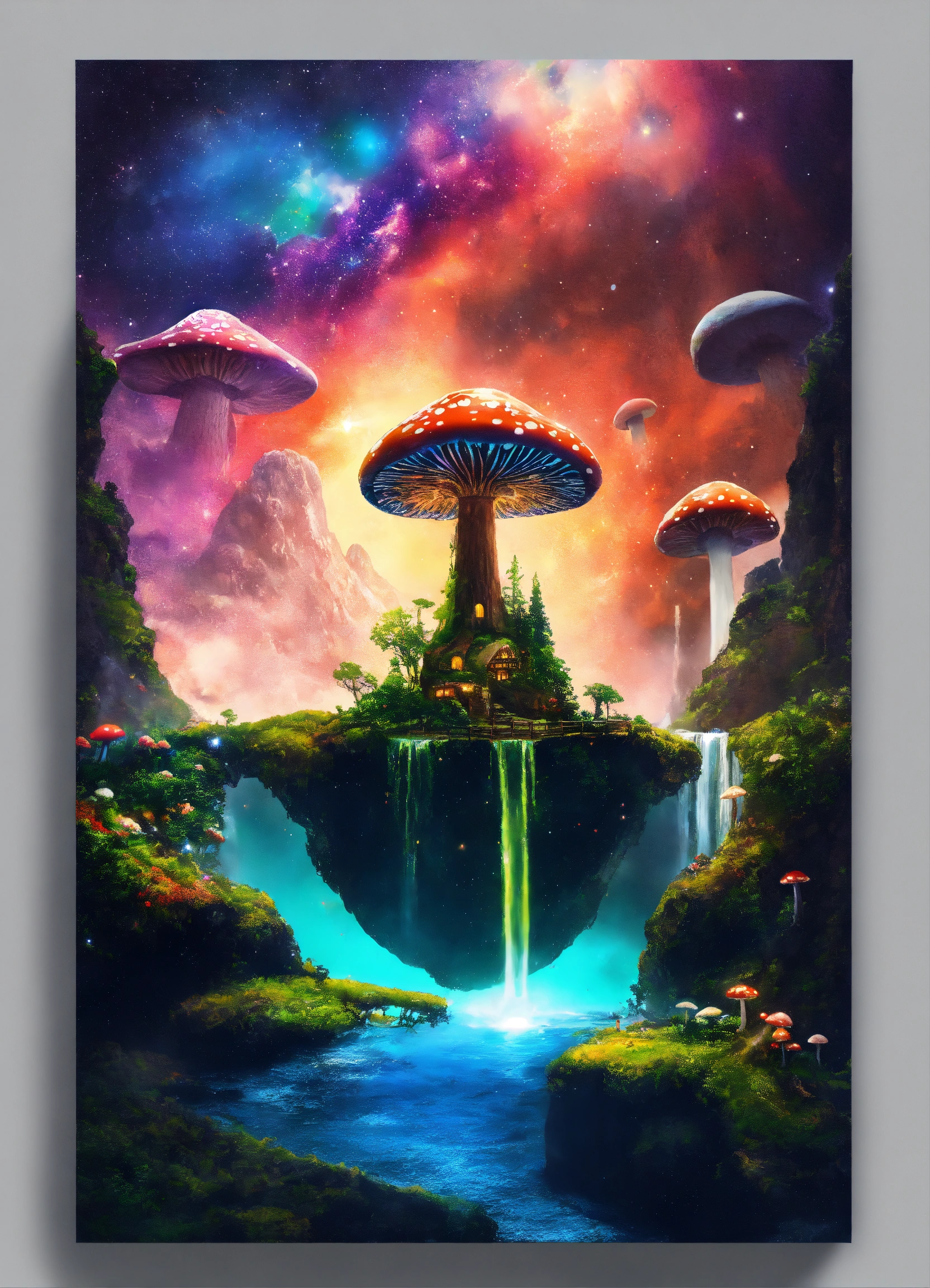 Lexica - Magic mushroom island in space with waterfall and blackhole