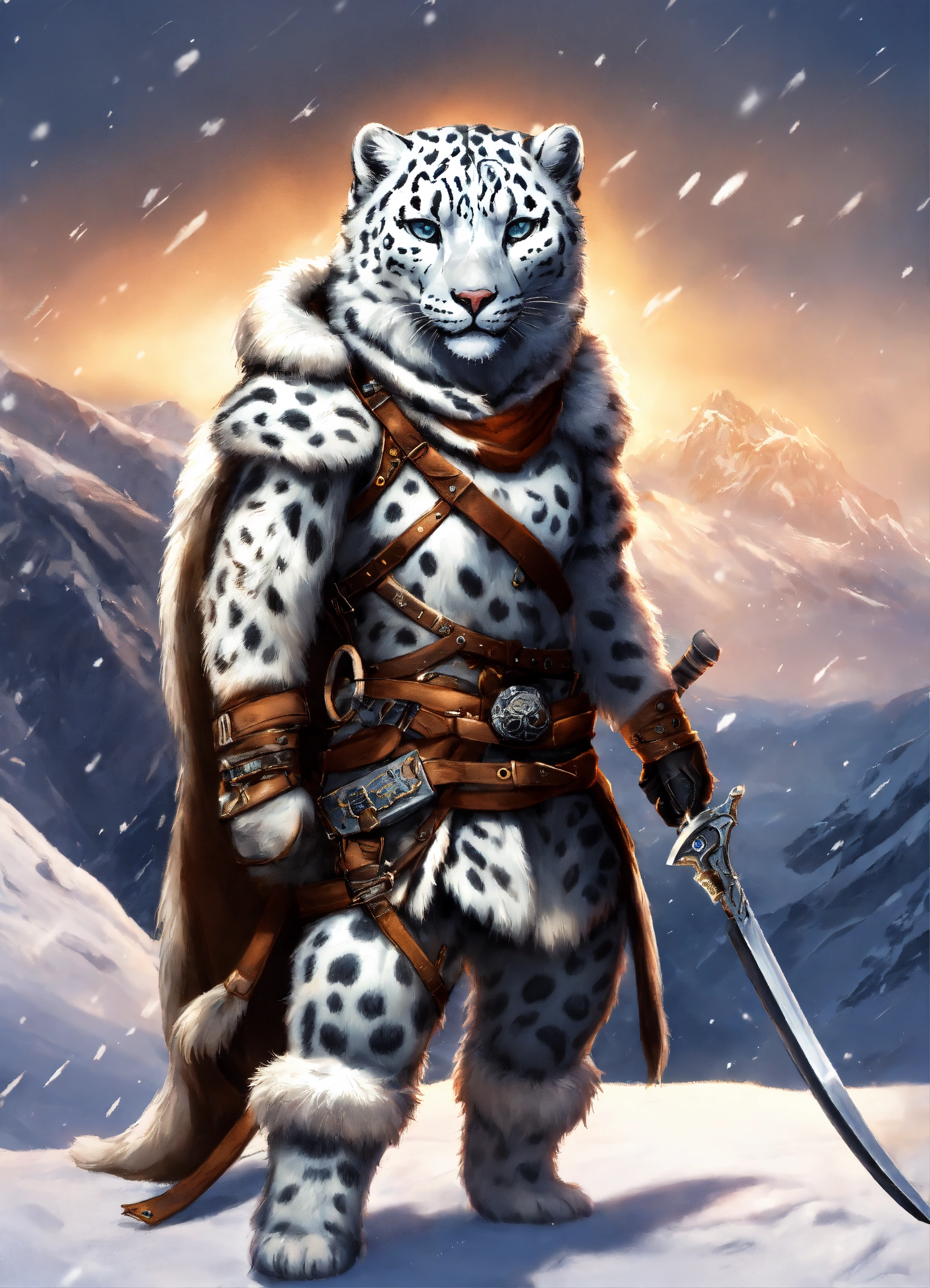 Lexica - Anthropomorphic snow leopard assassin, tundra background ...