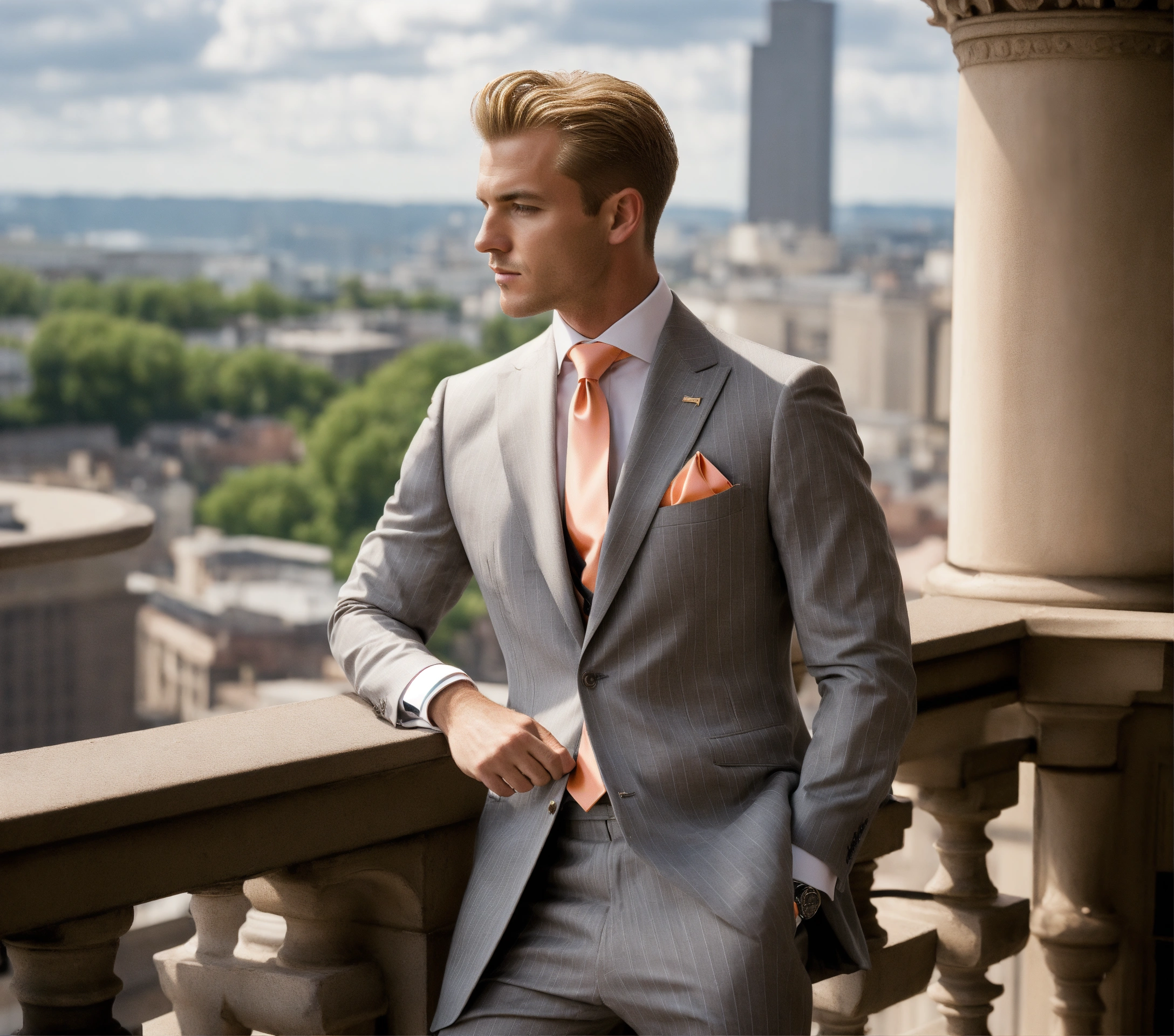 Lexica - A blonde male banker, light grey pinstripe vested suit, peach ...