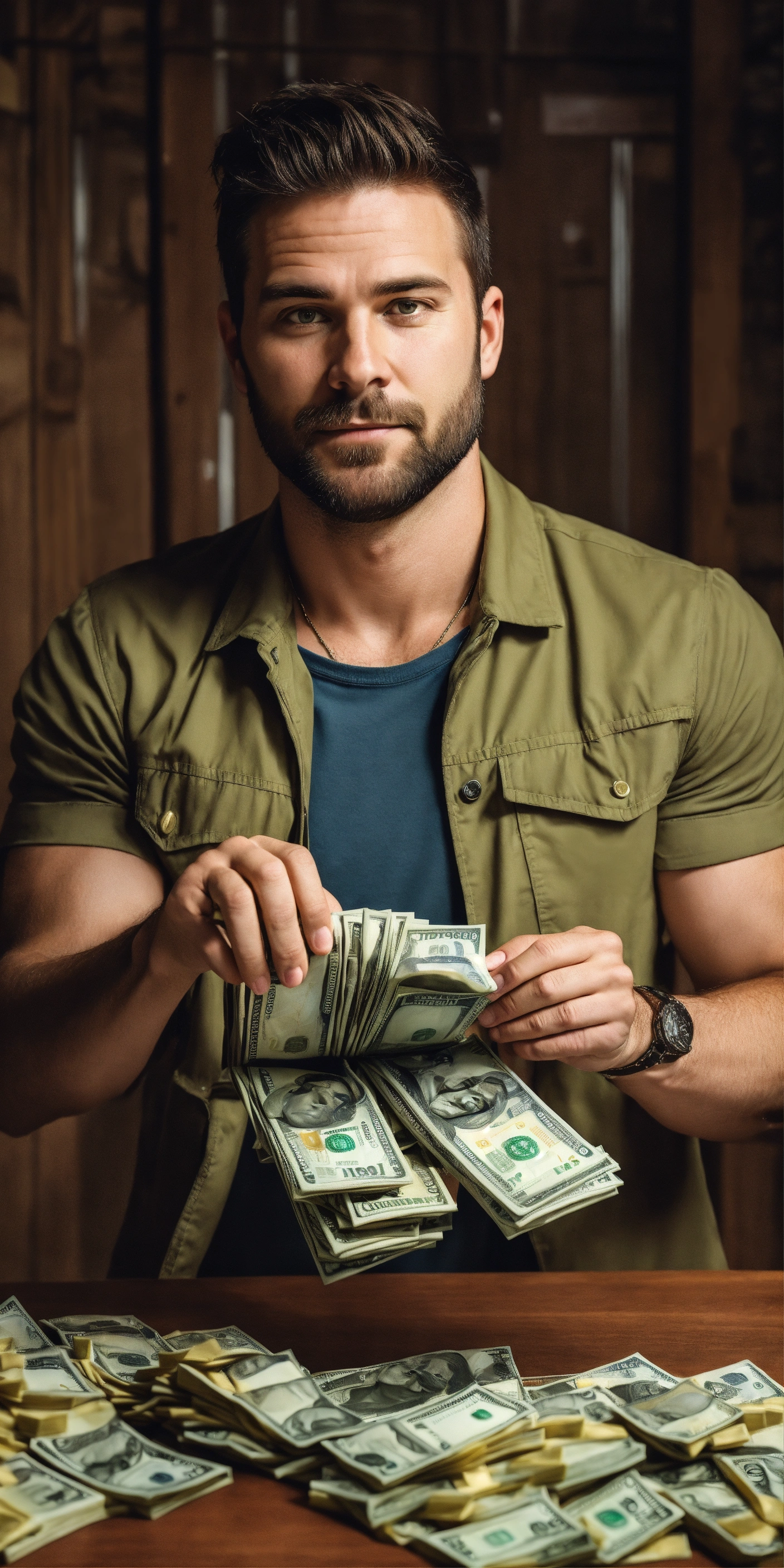 Lexica - A guy in his 30s is holding a big pile of cash dollars. The ...
