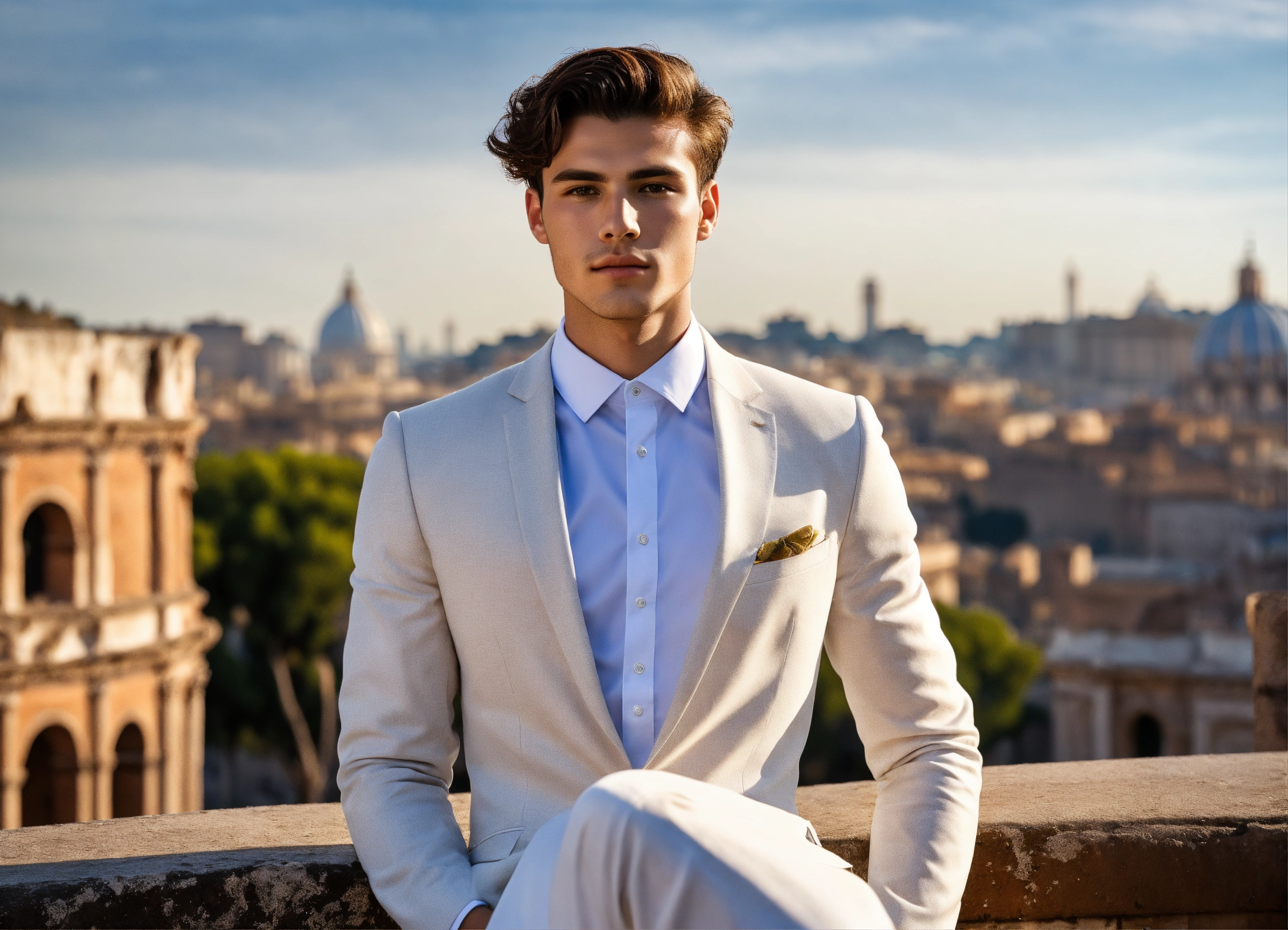 Lexica - Photo of one young male model in whiteclothes looking to the ...