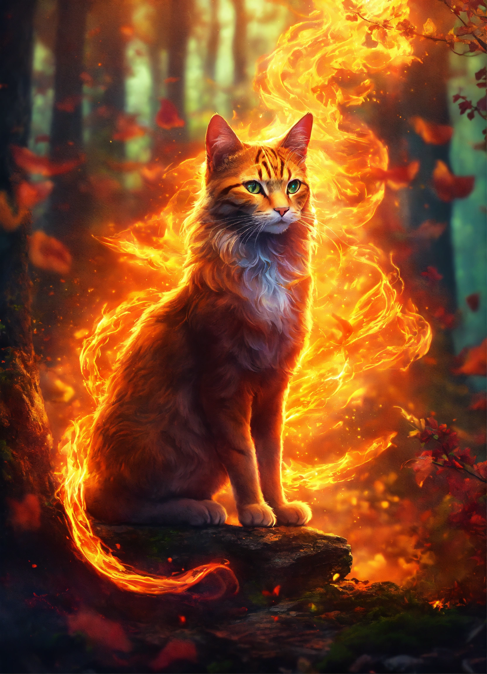 Lexica - A mystical cat spirit made of fire in an enchanted forest.