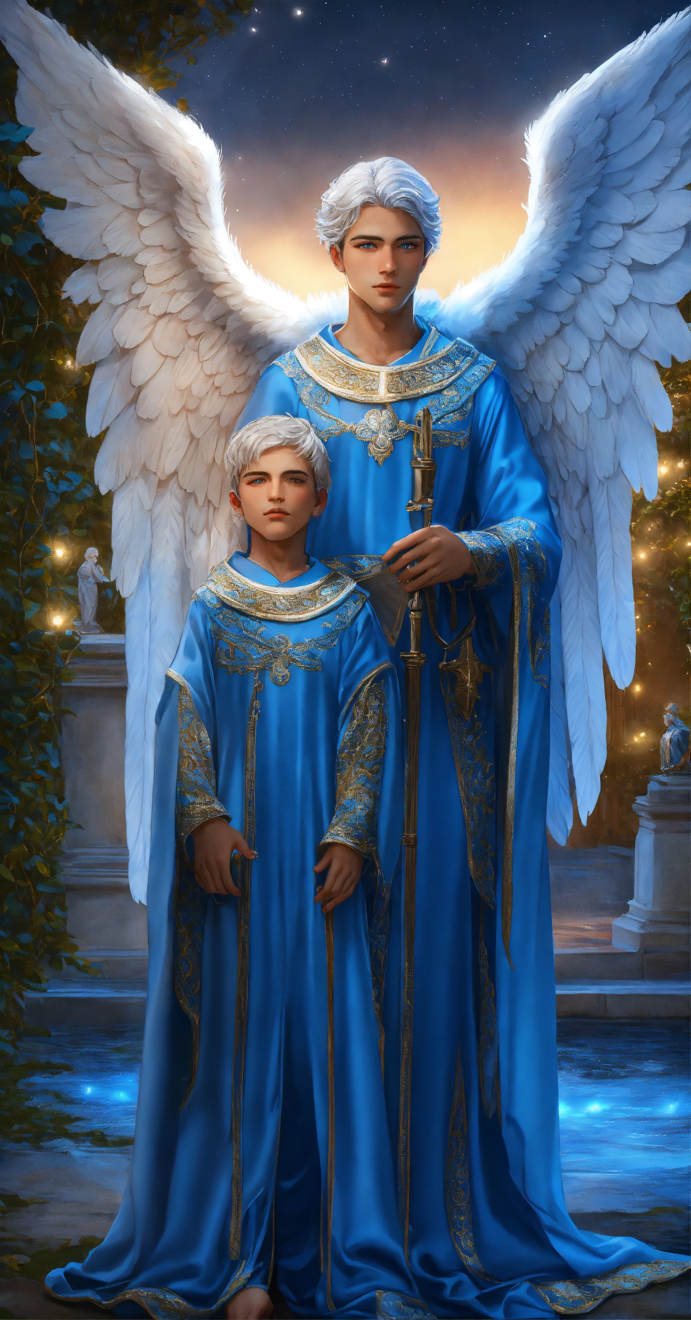 Lexica - 2 male guardian angels with detailed and luminous blue angel wings. 1 30-year-old male ...
