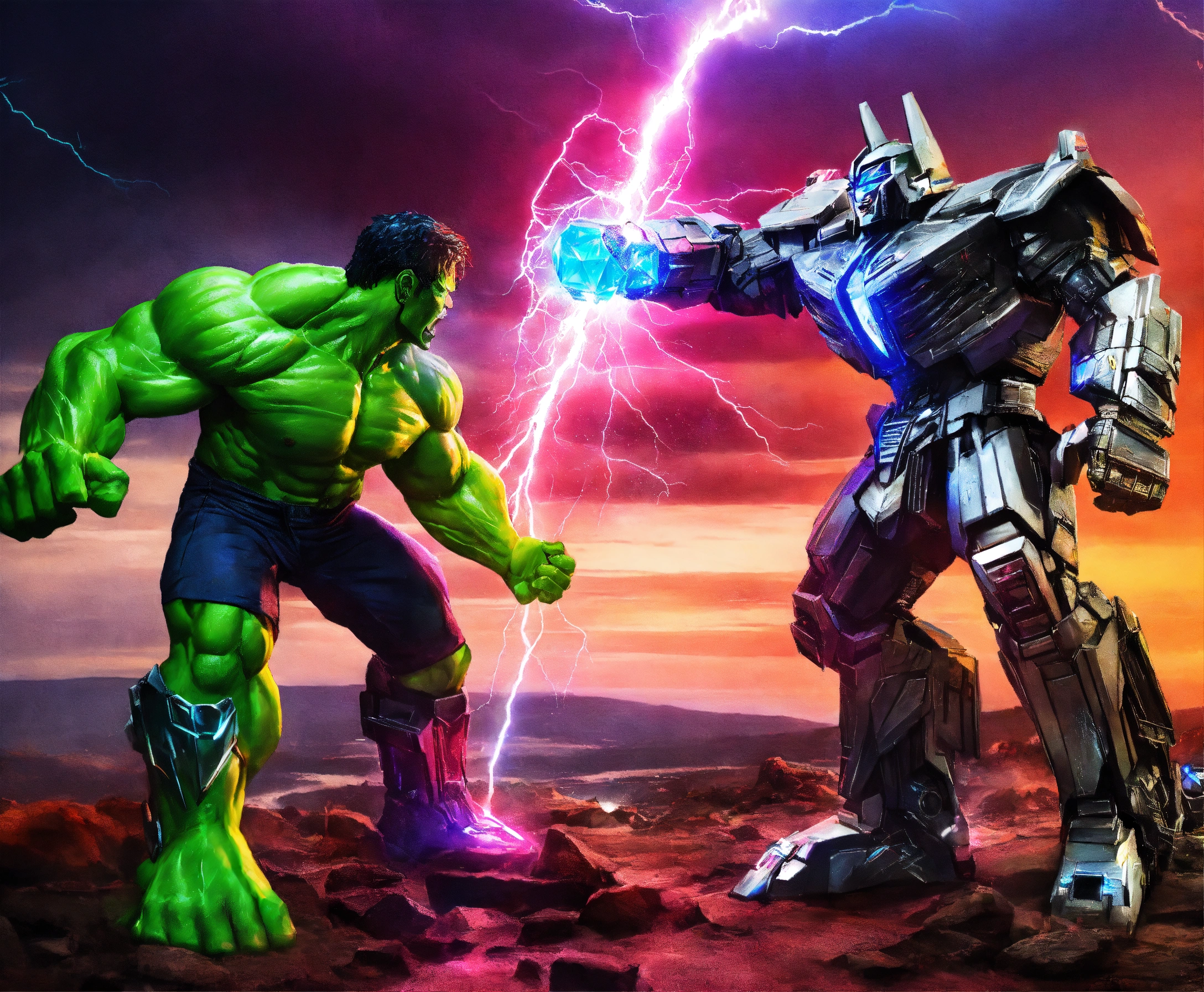 Lexica - Glowing crystal Hulk vs transformer Megatron god rainbow water ...