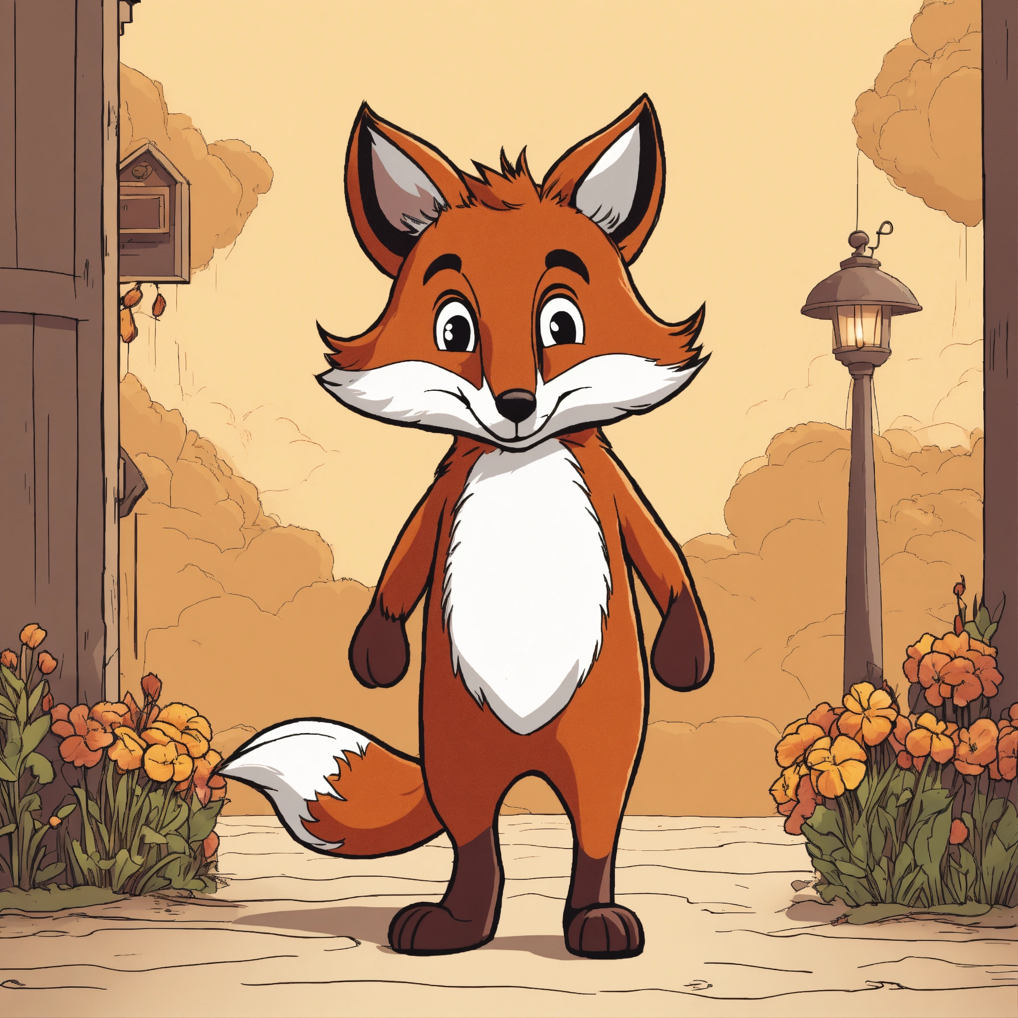 Lexica - Felix the Fox facing front, walking cartoon
