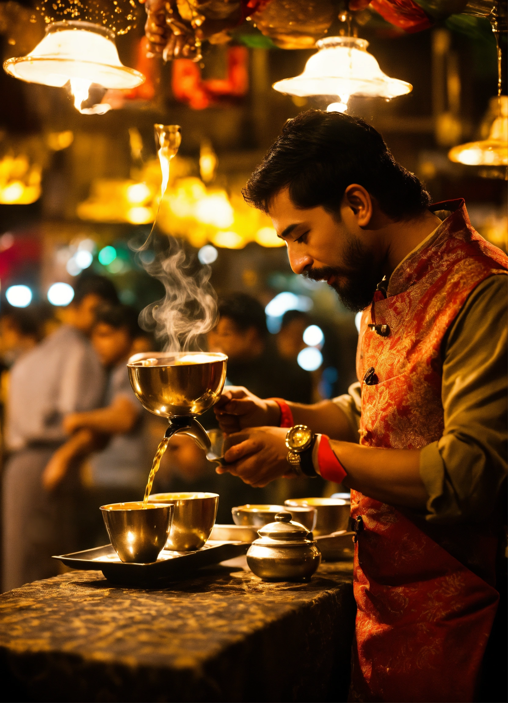 Lexica - Chai master pouring Chai tea from one cup to another cup that ...