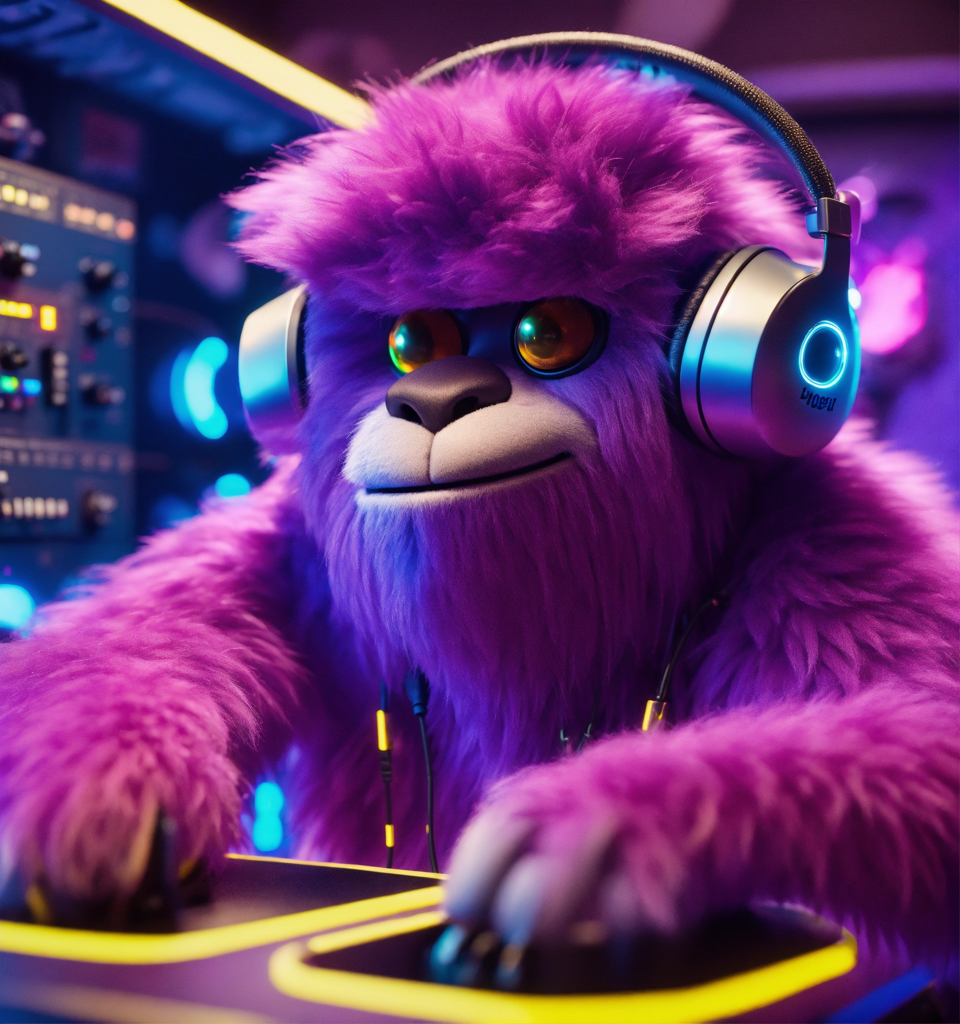 Lexica - Zoom out on a big, fun loving, hairy, tall, violet fur ...