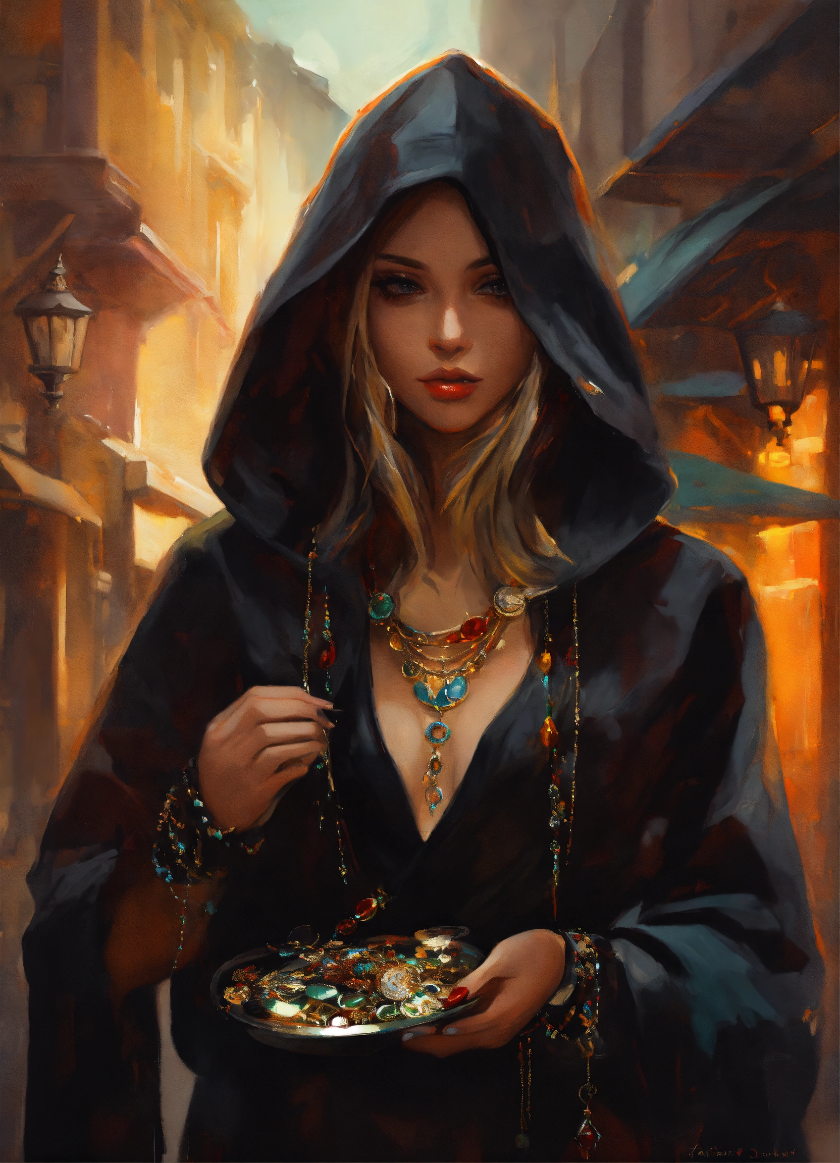 Lexica - Fantasy Painting, pretty female Thief in black hood stealing ...