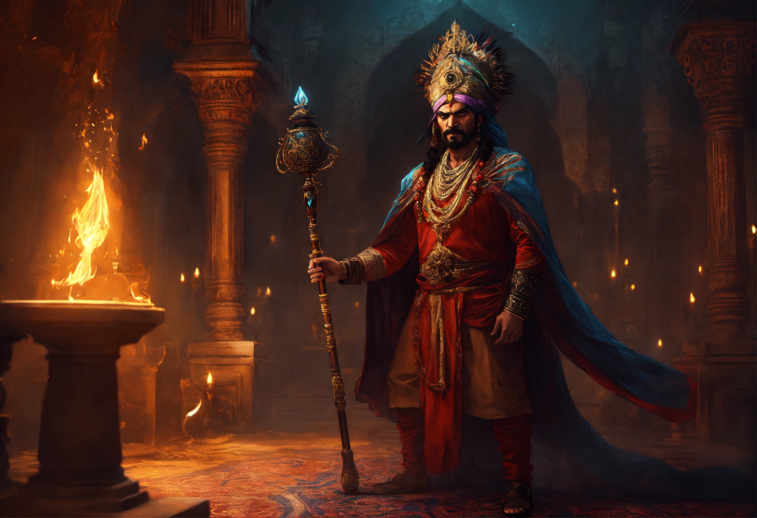 Lexica - Evil Indian male warlock, magical staff, turban, ominous ...