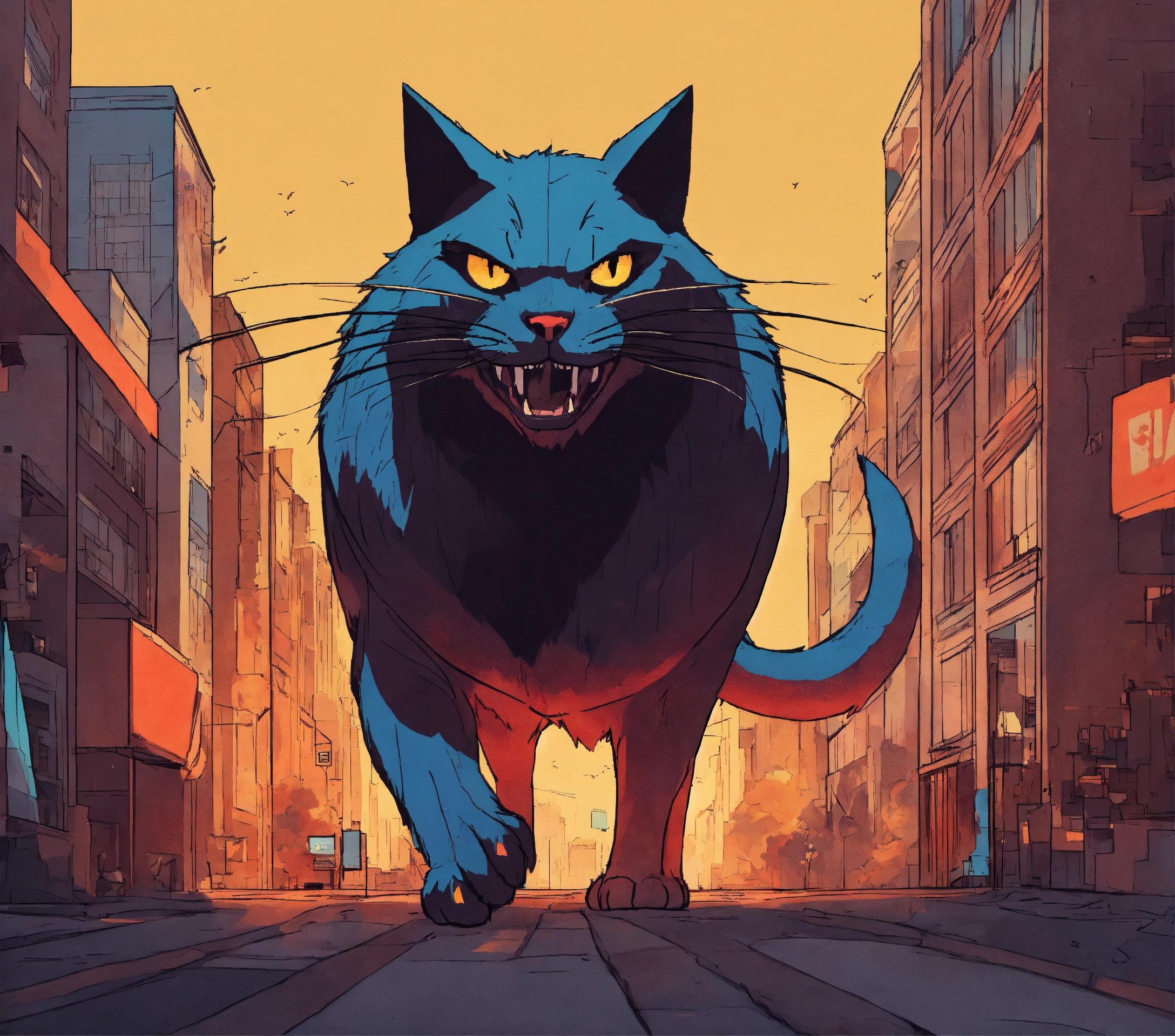 Lexica - A giant evil cat walking through buildings in a city, abstract ...