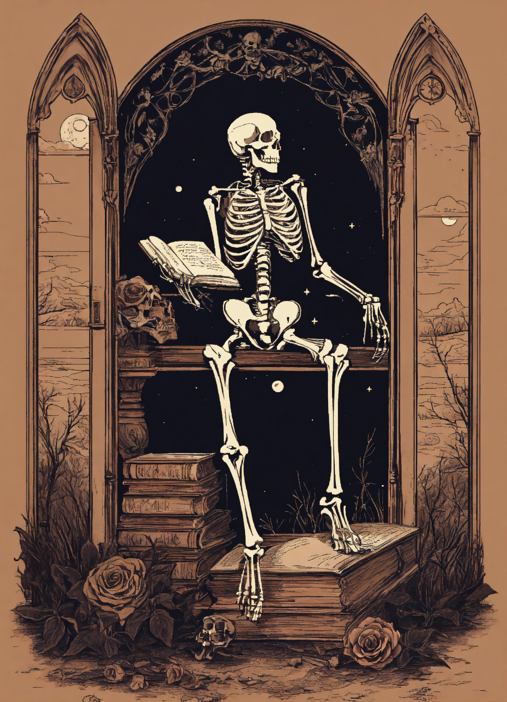 Lexica - Skeleton sitting on a grave reading a book, vintage gothic ...
