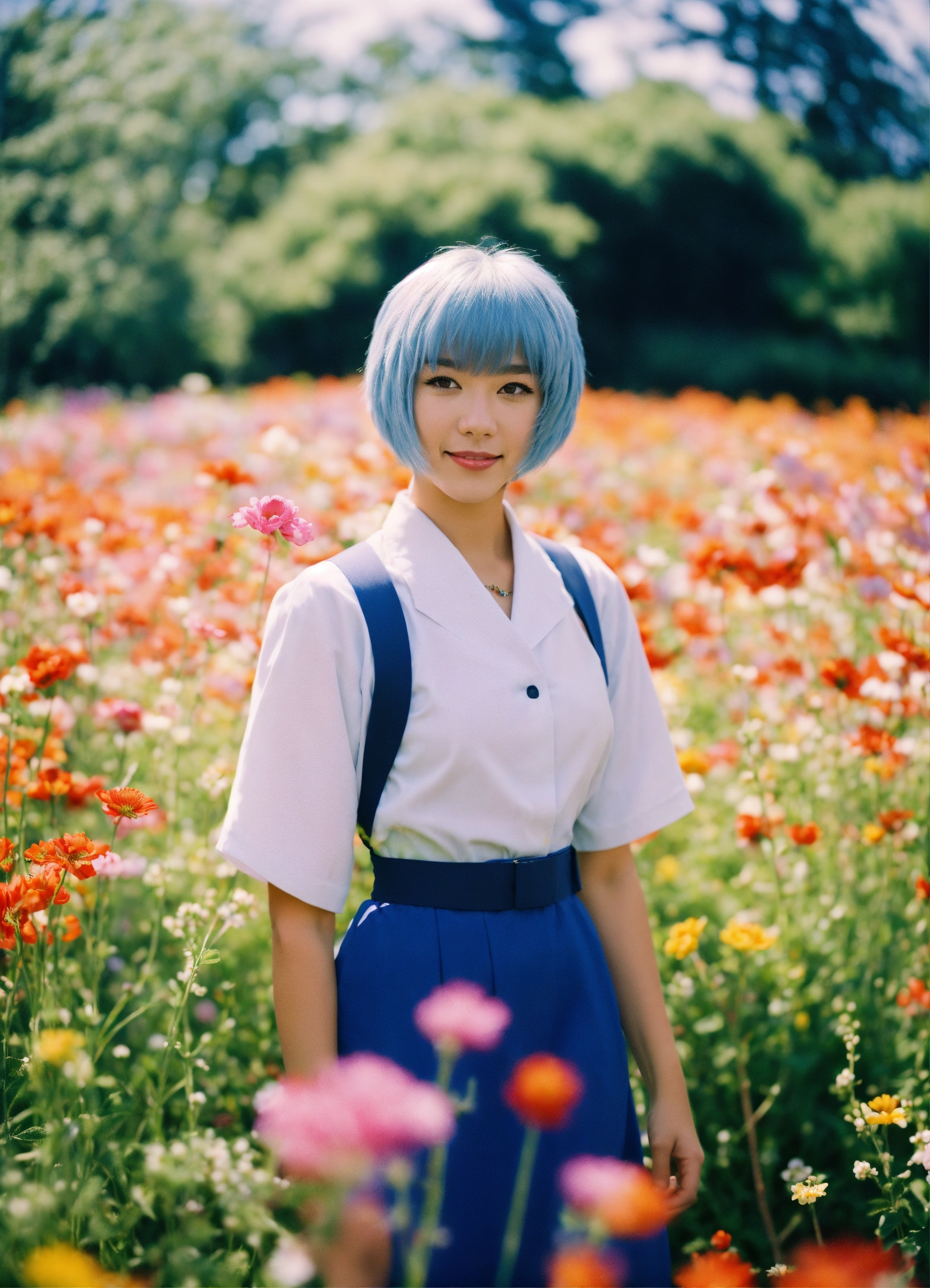 Lexica - Happy Rei Ayanami standing in a beautiful field of flowers ...