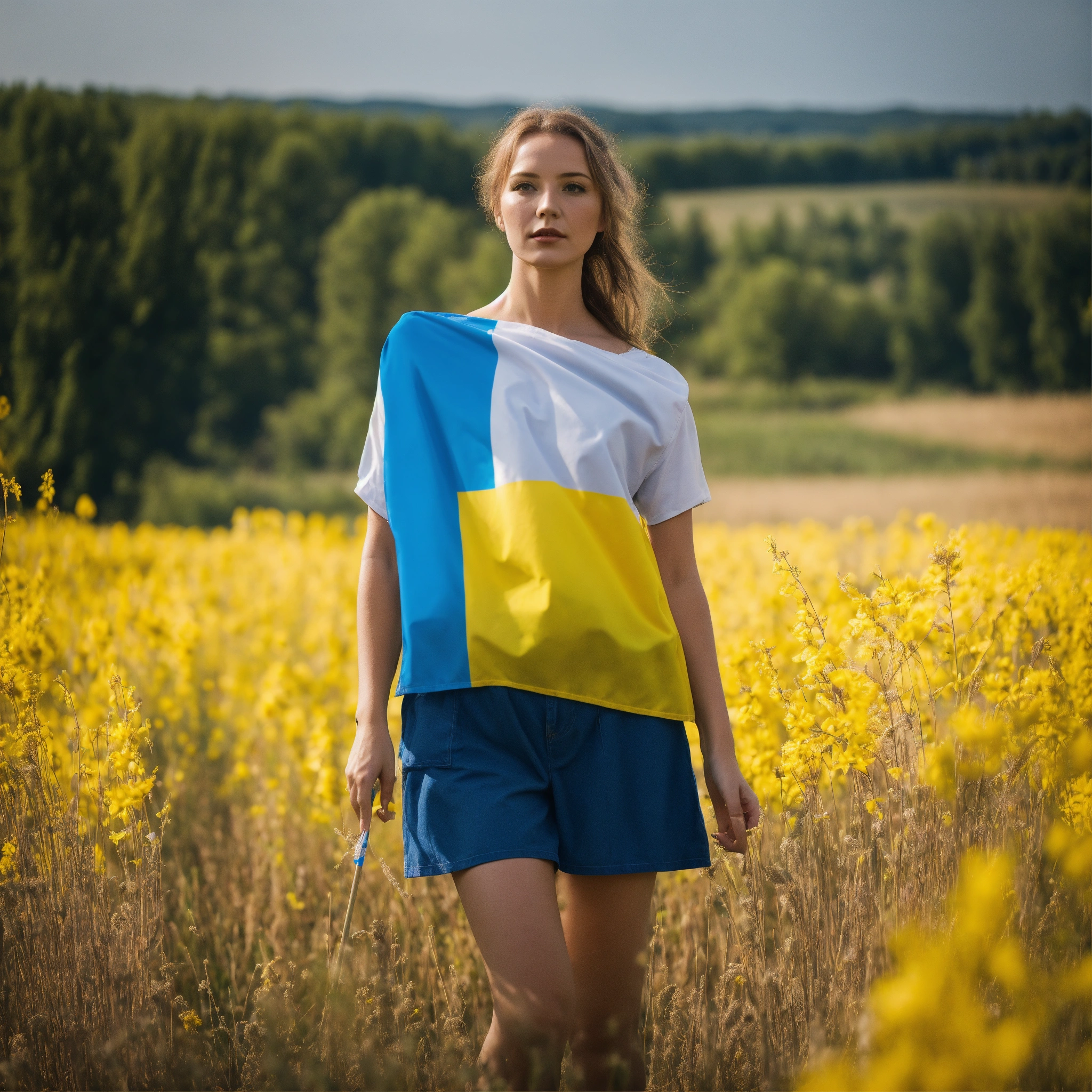 Lexica - 30 years old woman in a field, with Ukraine flag, СOLOR Blue ...
