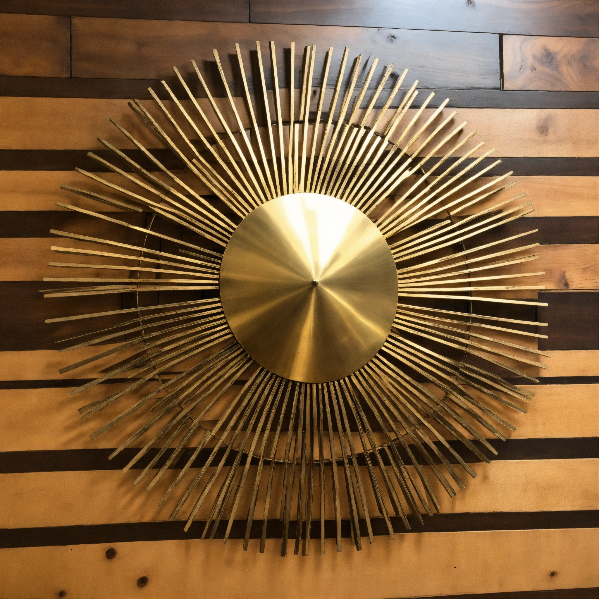 Lexica - Midcentury brass radial sun figure on top of walnut stripes ...