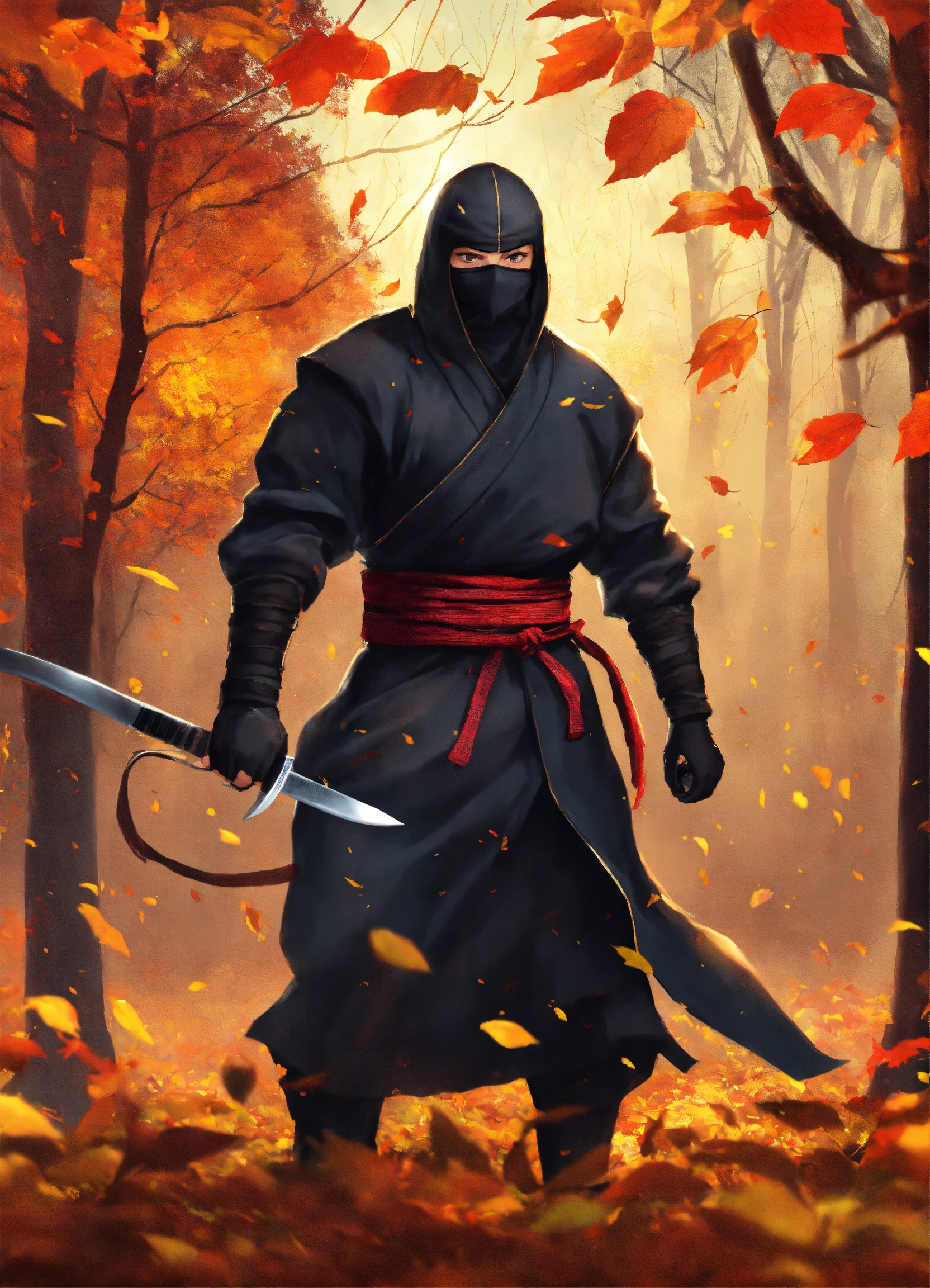 Lexica - Animated. Ninja with black mask. Standing in an autumn storm.